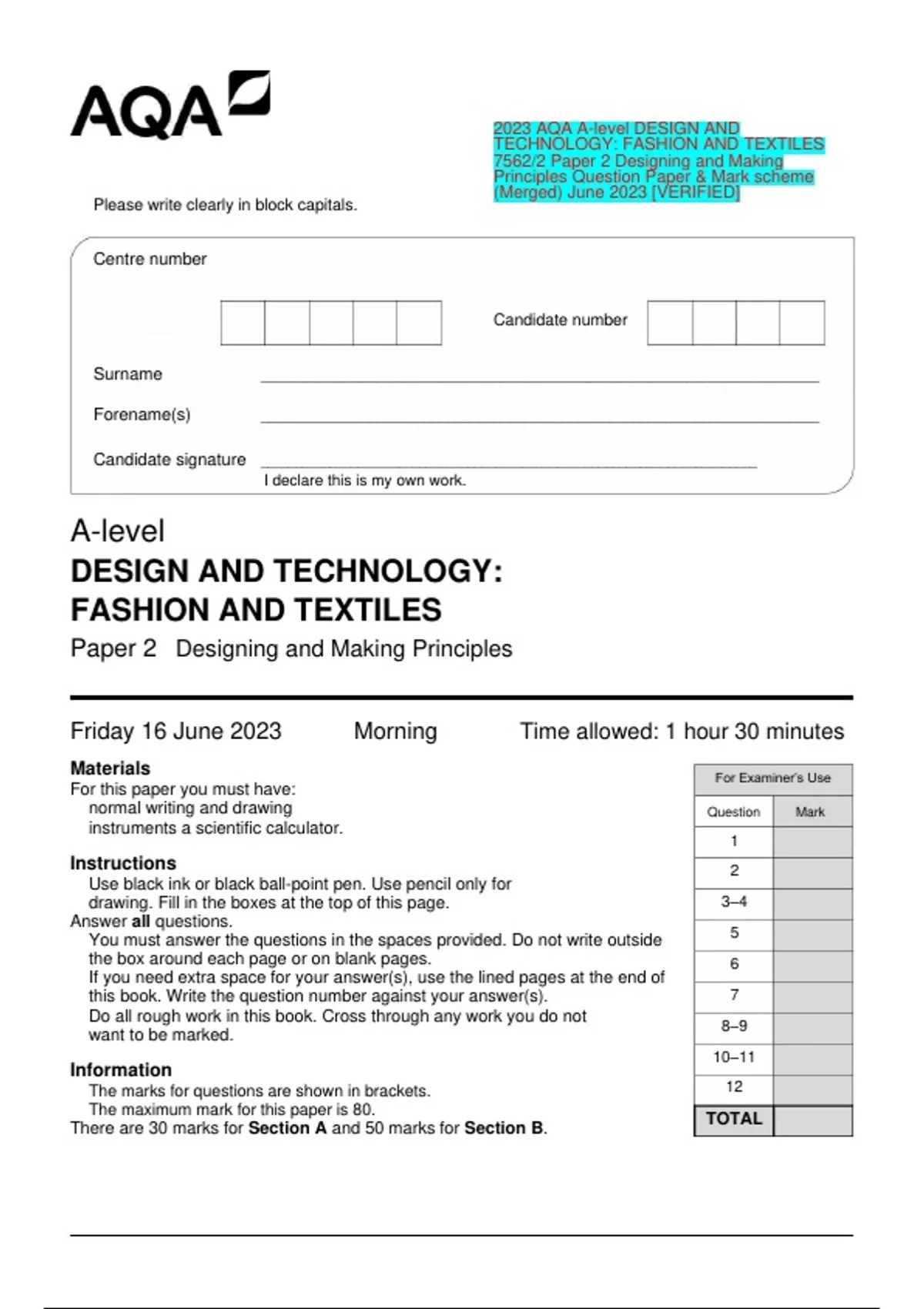 2023 AQA A-level DESIGN AND TECHNOLOGY: FASHION AND TEXTILES 7562/2 ...