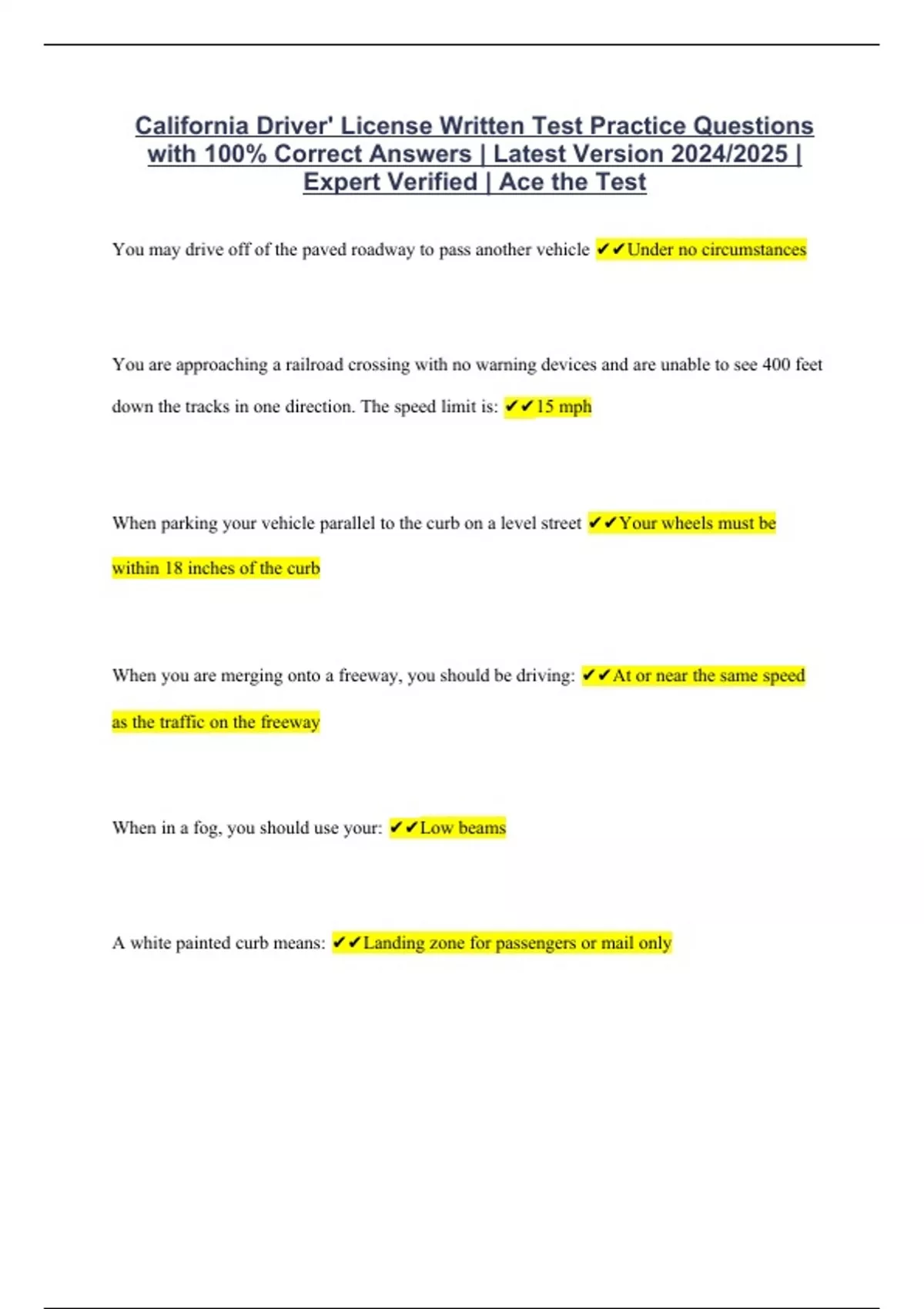 California Driver' License Written Test Practice Questions with 100% ...