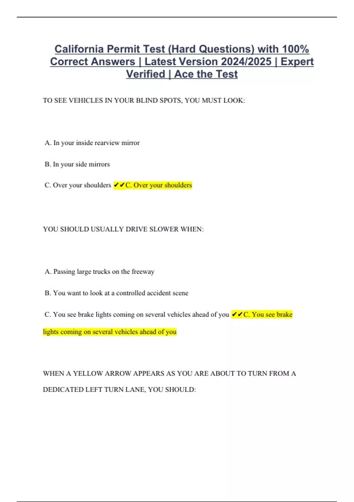 California Permit Test (Hard Questions) with 100% Correct Answers ...