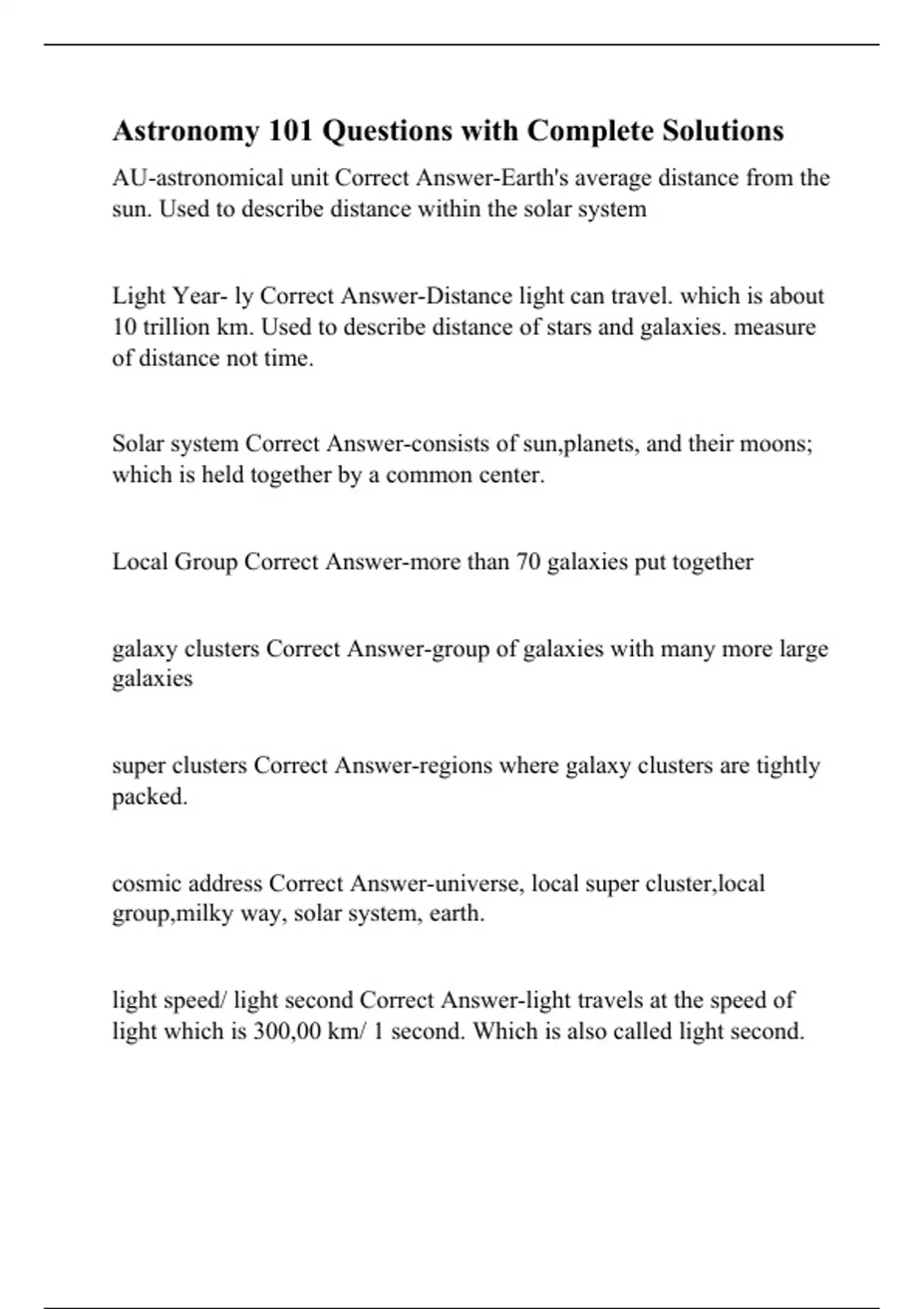 Astronomy 101 Questions with Complete Solutions - Astronomy 101 - Stuvia US