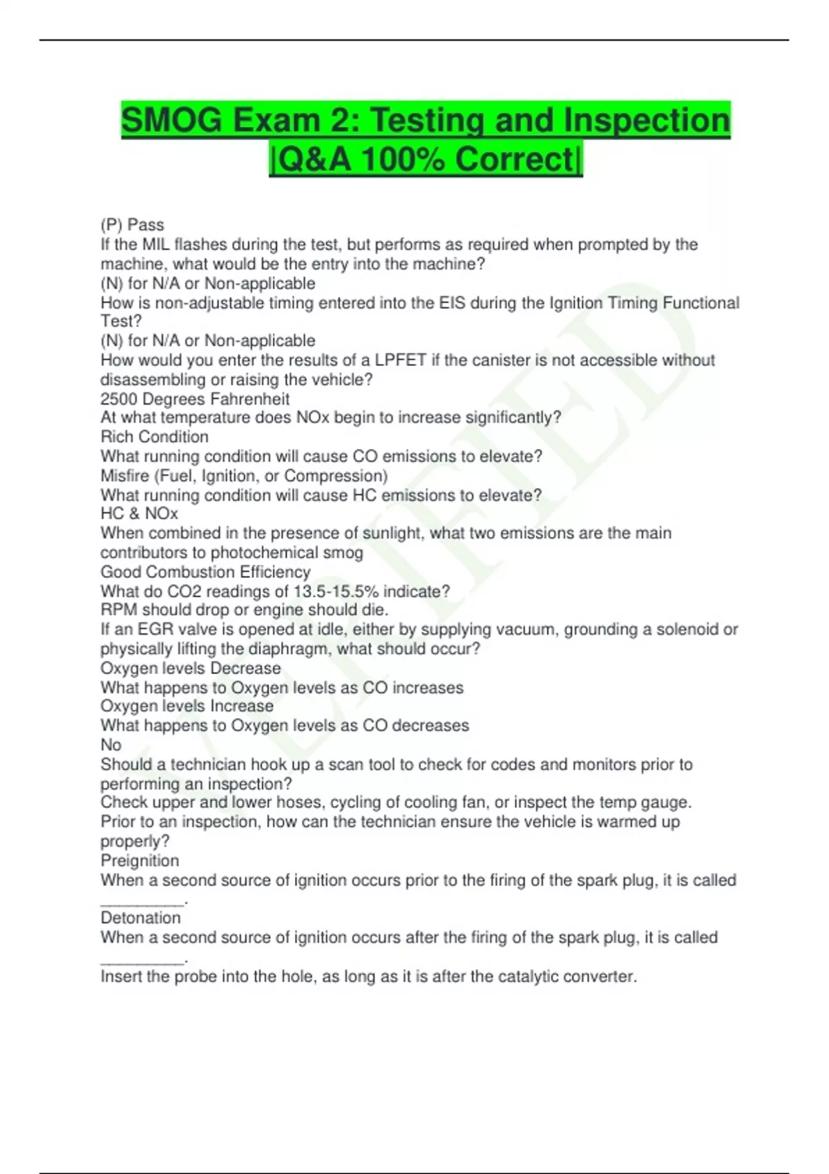 SMOG Exam 2: Testing and Inspection |Q&A 100% Correct| - Smog - Stuvia US