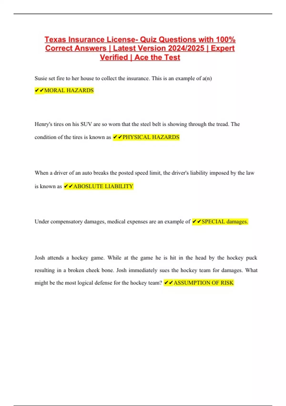 Texas Insurance License- Quiz Questions with 100% Correct Answers ...