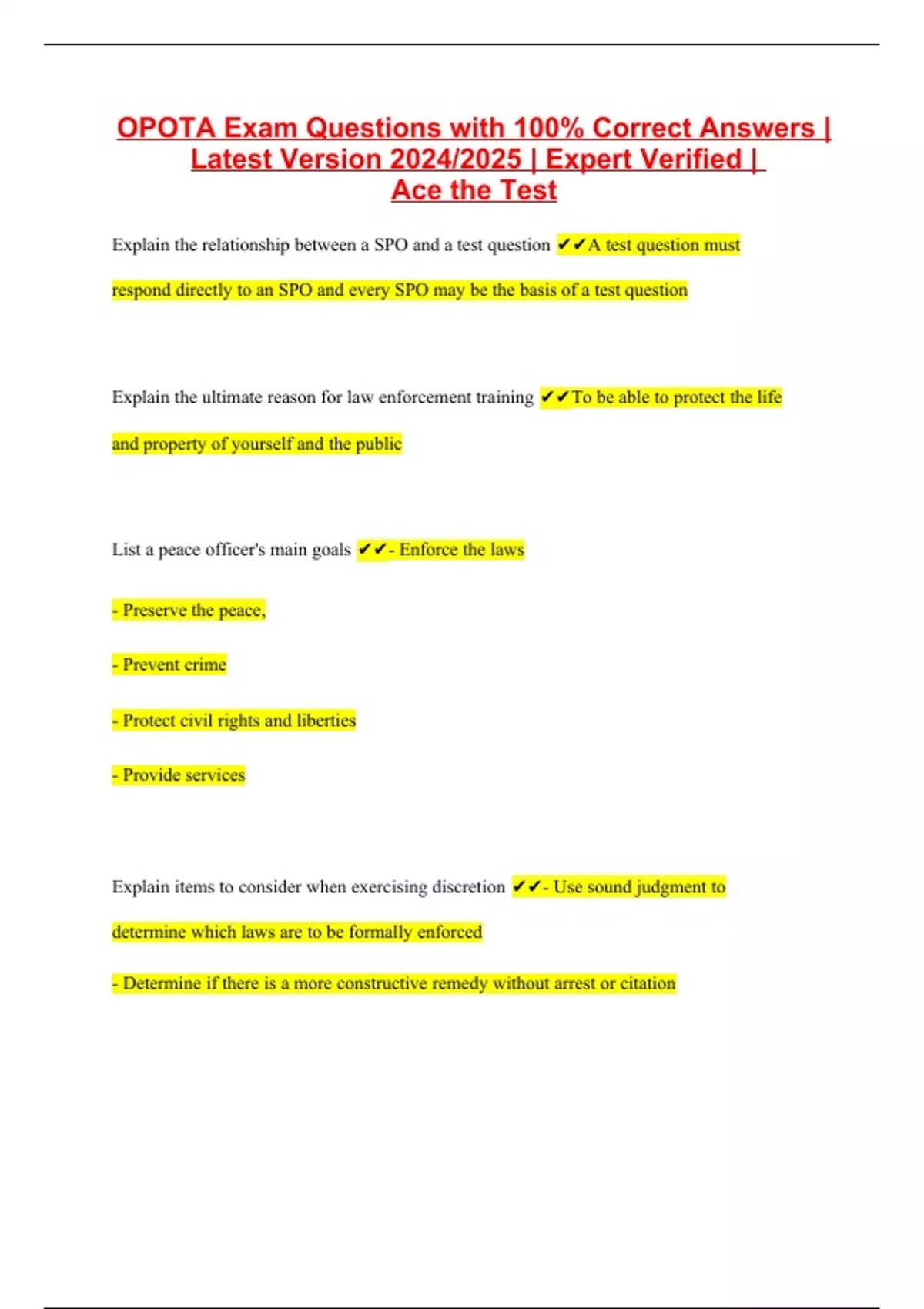 OPOTA Exam Questions with 100% Correct Answers | Latest Version 2024/ ...