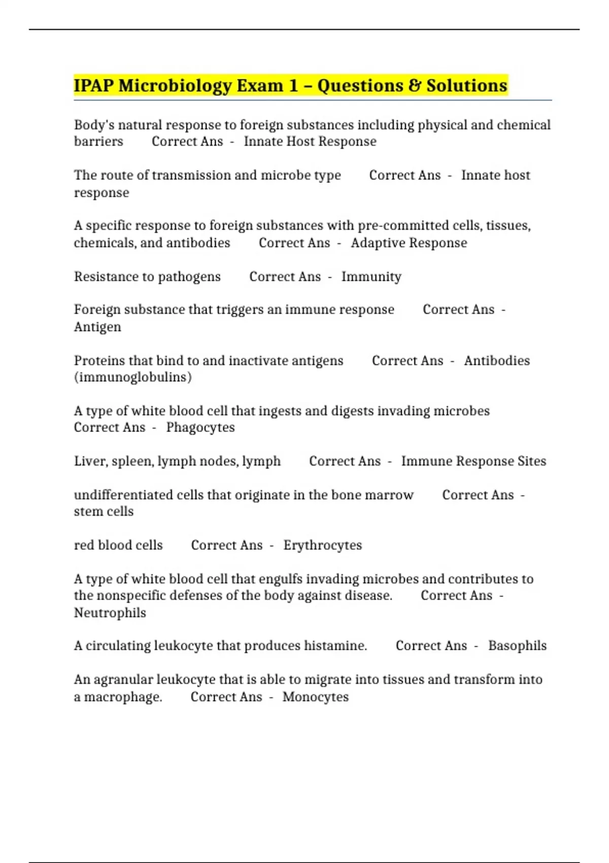 IPAP Microbiology Exam 1 – Questions & Solutions - IPAP - Stuvia US