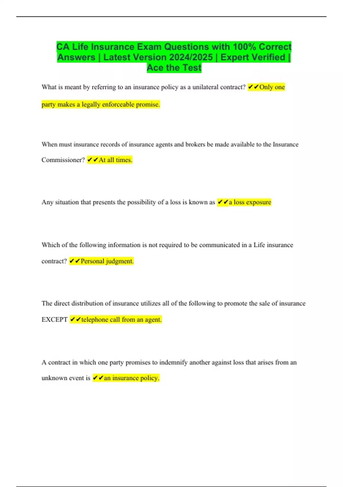 CA Life Insurance Exam Questions with 100% Correct Answers | Latest ...