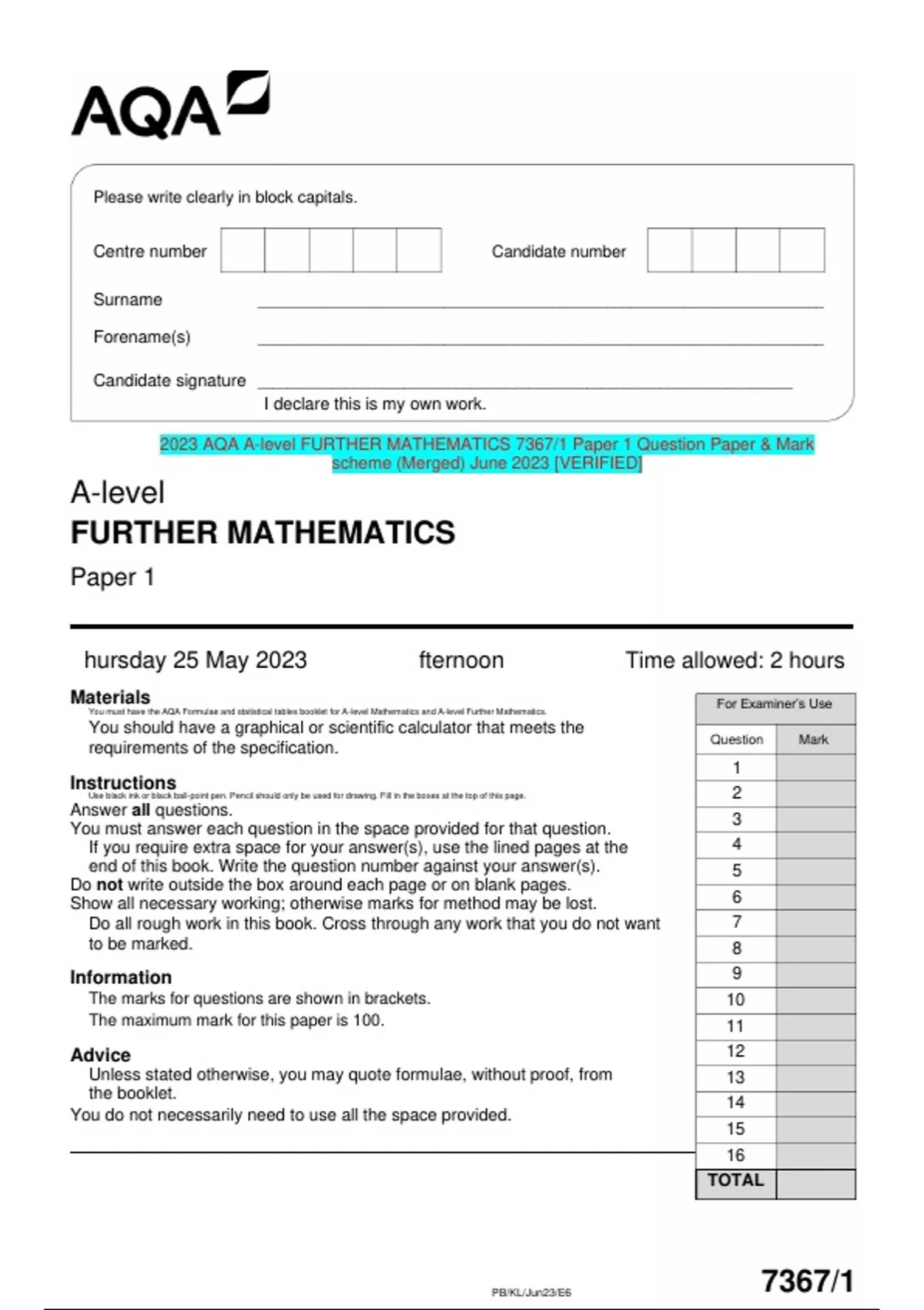 2023 AQA A-level FURTHER MATHEMATICS 7367/1 Paper 1 Question Paper ...