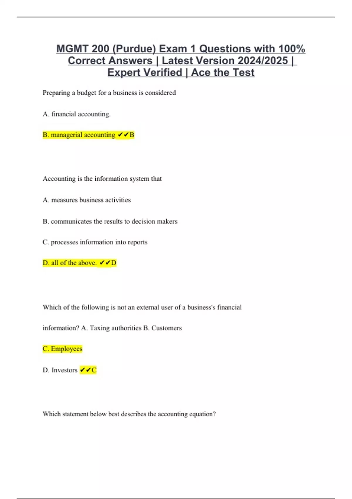 MGMT 200 (Purdue) Exam 1 Questions with 100% Correct Answers | Latest ...