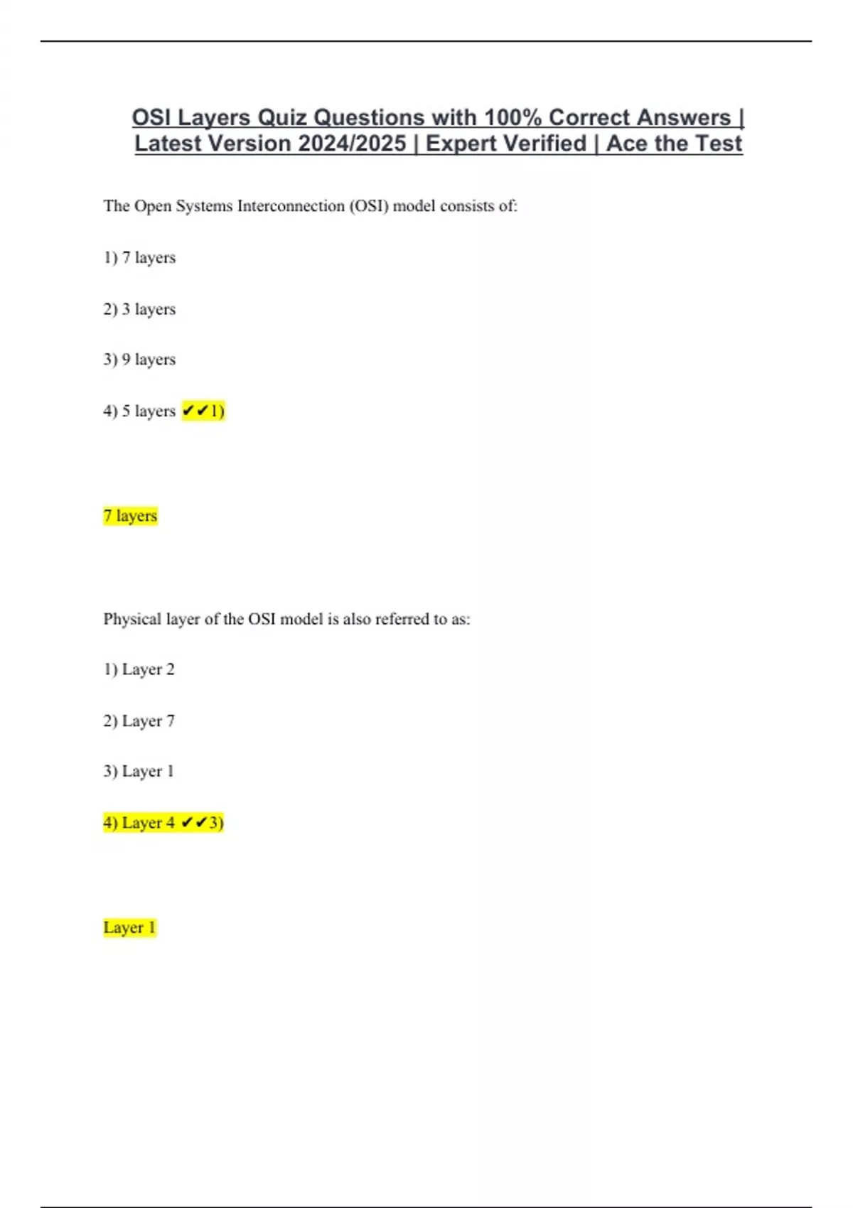 OSI Layers Quiz Questions with 100% Correct Answers | Latest Version ...