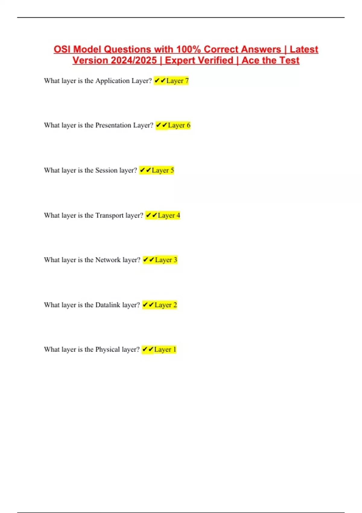 OSI Model Questions with 100% Correct Answers | Latest Version 2024/ ...