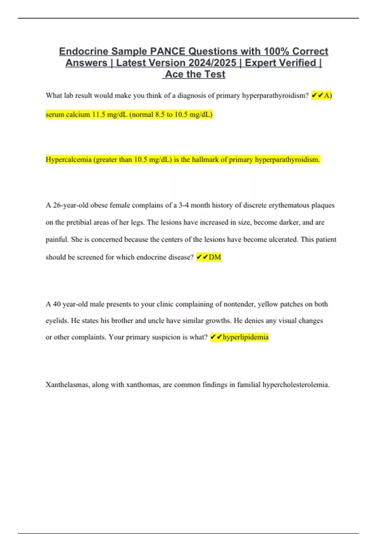 Endocrine Sample PANCE Questions with 100% Correct Answers | Latest ...