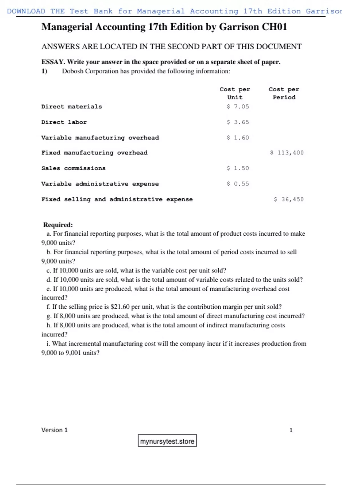 Test Bank for Managerial Accounting 17th Edition - Managerial ...