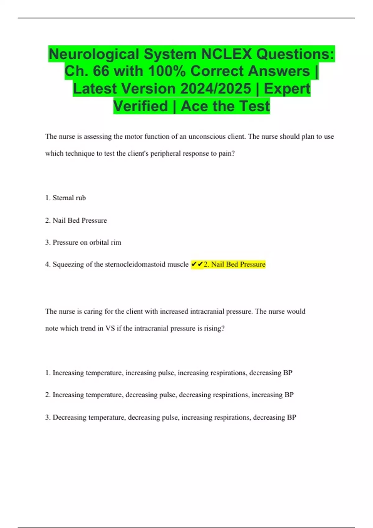 Neurological System NCLEX Questions: Ch. 66 with 100% Correct Answers ...