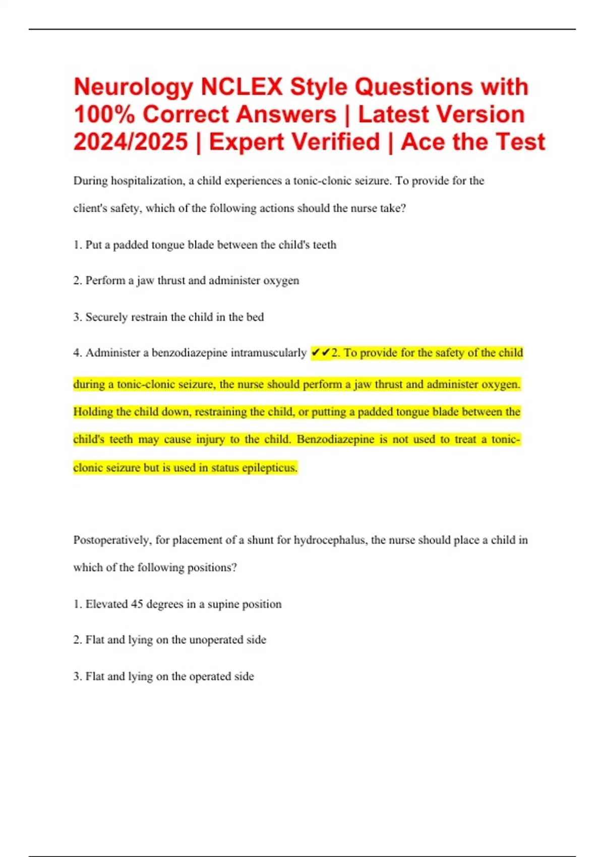 Neurology NCLEX Style Questions with 100% Correct Answers | Latest ...