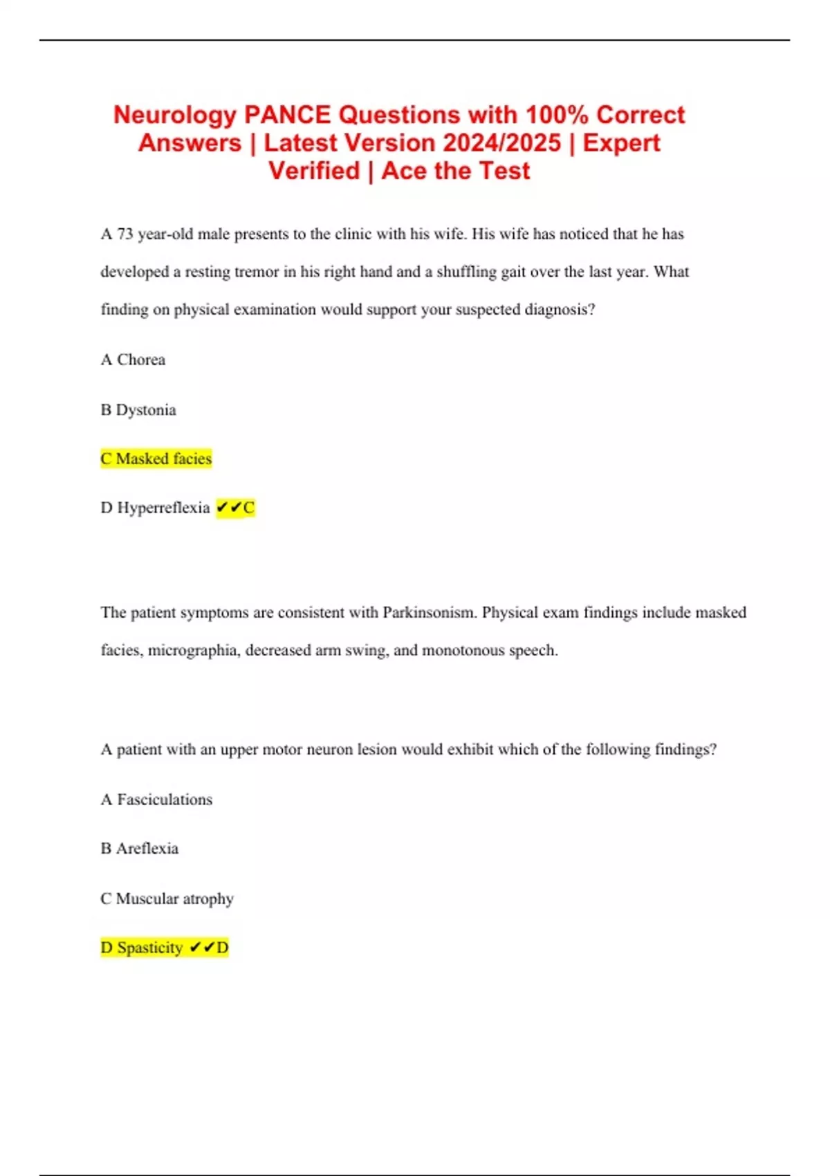 Neurology PANCE Questions with 100% Correct Answers | Latest Version ...