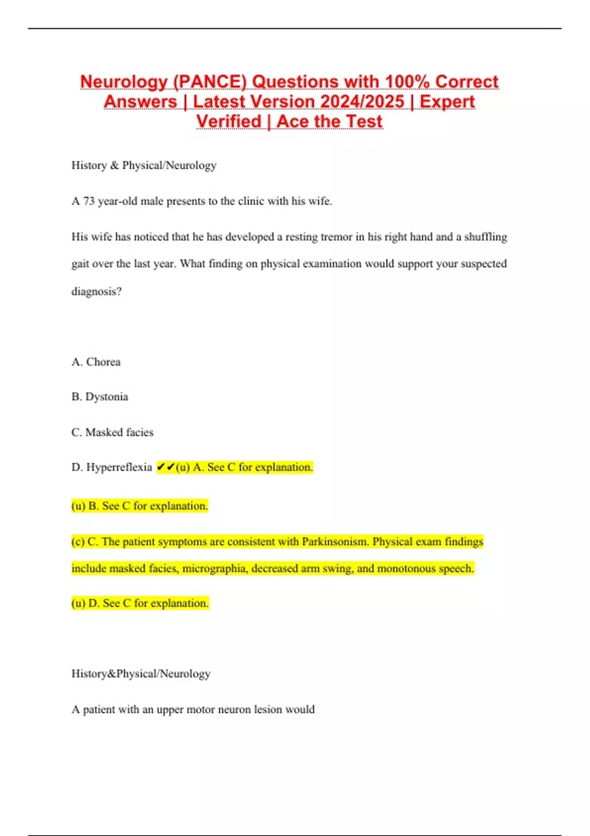 Neurology (PANCE) Questions with 100% Correct Answers | Latest Version ...