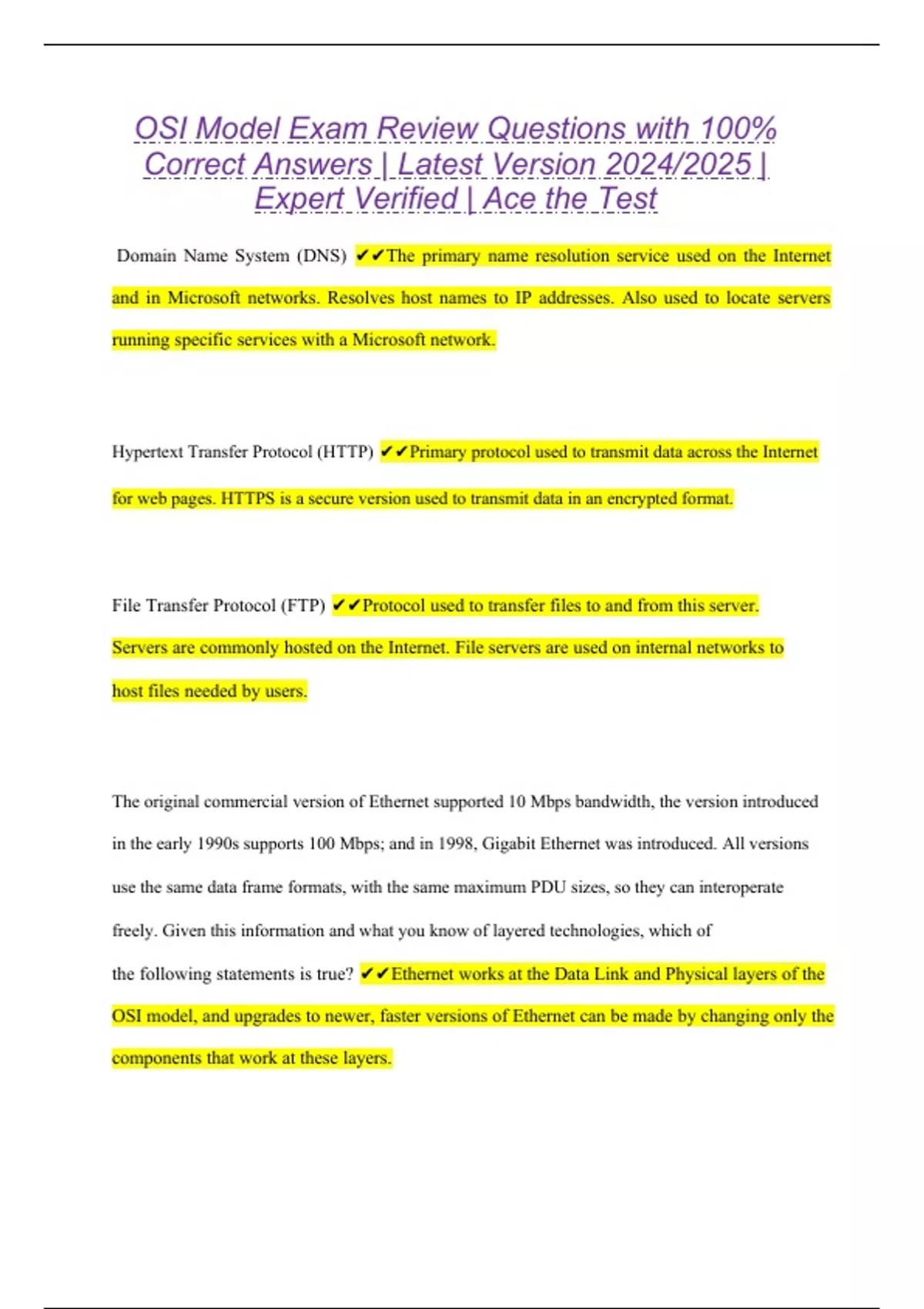 OSI Model Exam Review Questions with 100% Correct Answers | Latest ...