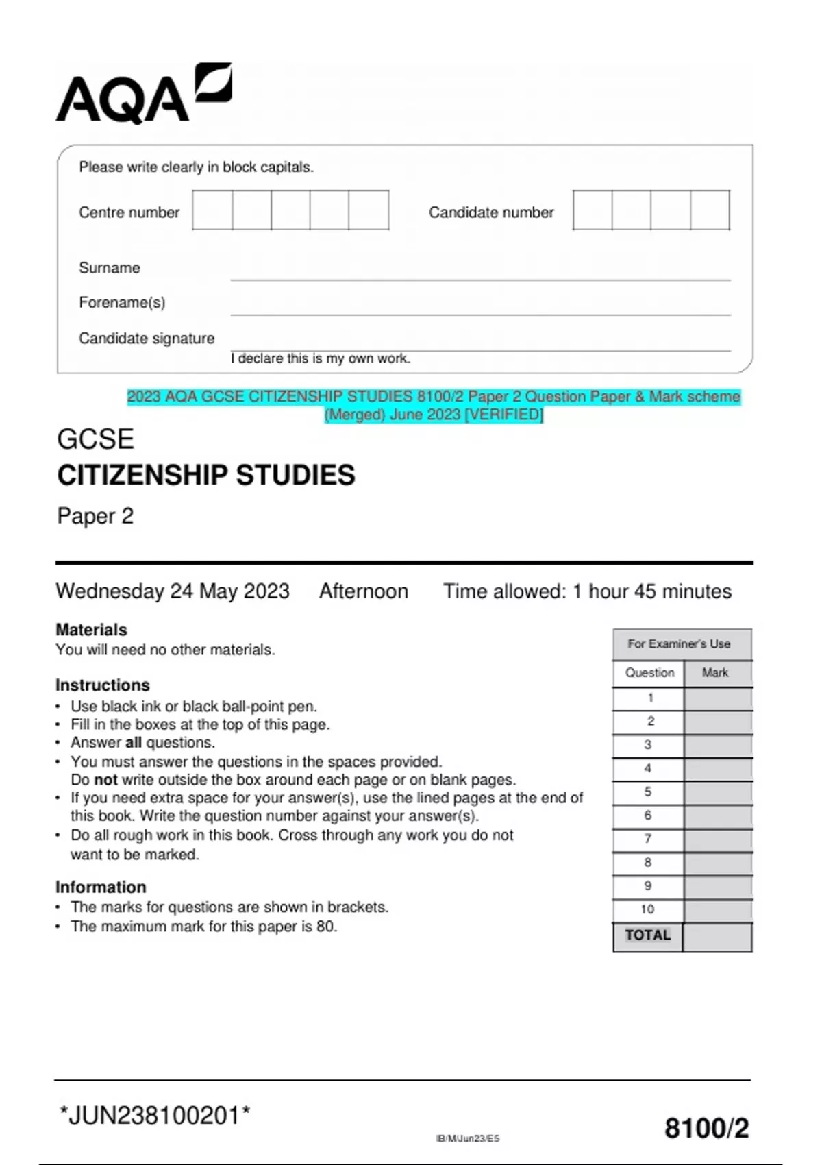 2023 AQA GCSE CITIZENSHIP STUDIES 8100/2 Paper 2 Question Paper & Mark ...
