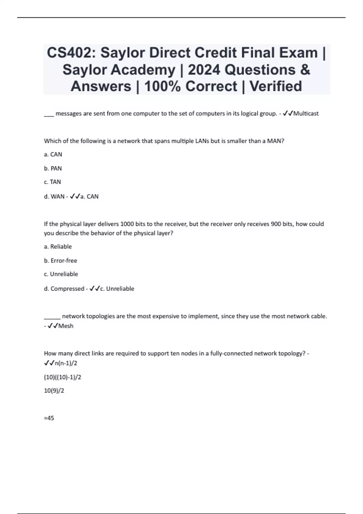 CS402: Saylor Direct Credit Final Exam | Saylor Academy | 2024 Questions & Answers | 100% ...