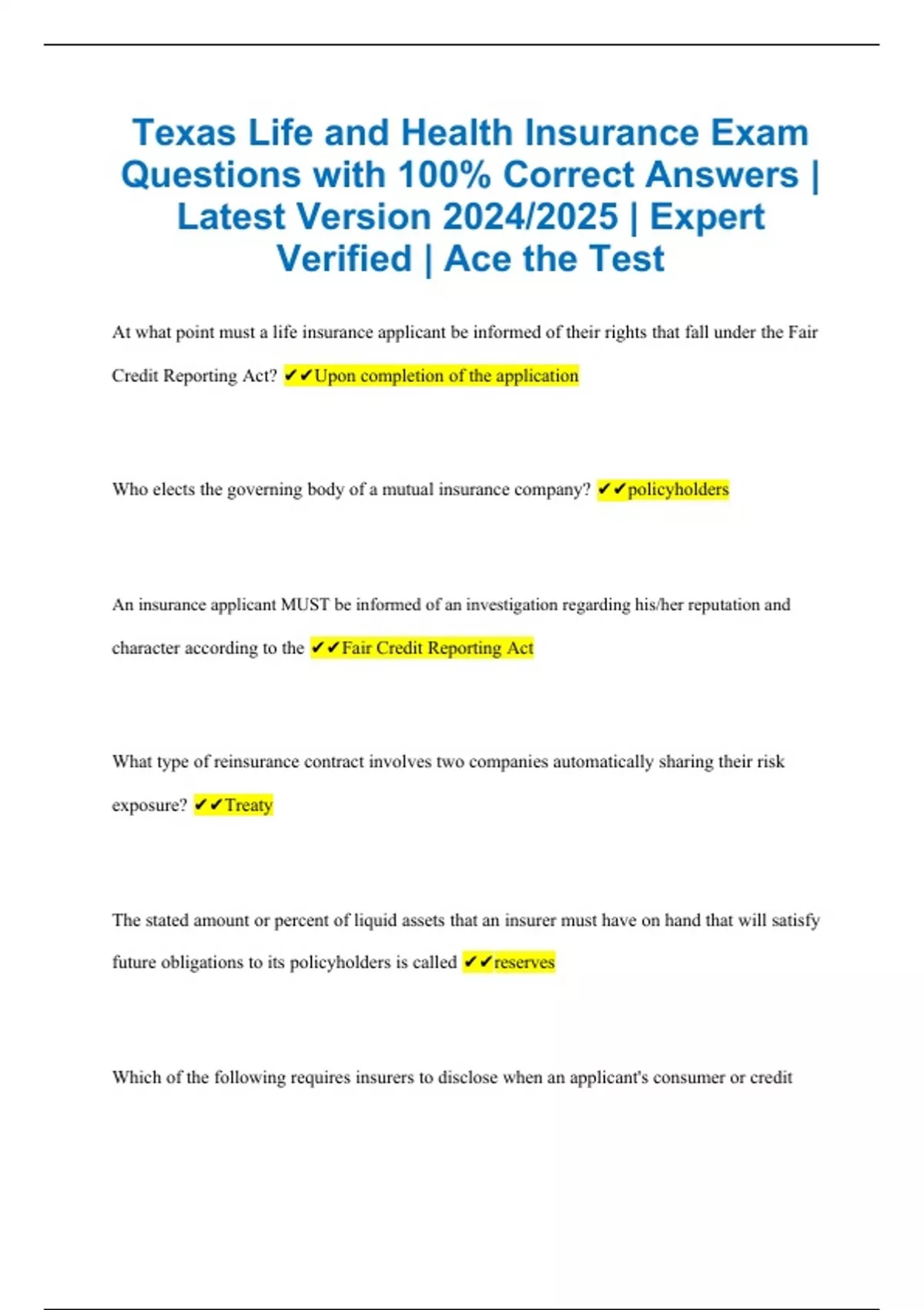 Texas Life and Health Insurance Exam Questions with 100% Correct ...