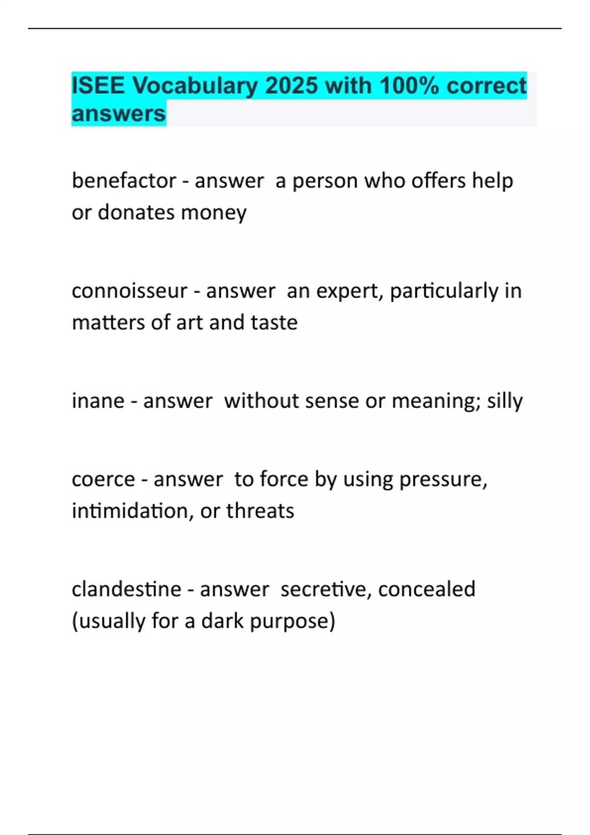 ISEE Vocabulary 2025 with 100% correct answers - ISEE VOCABULARY ...
