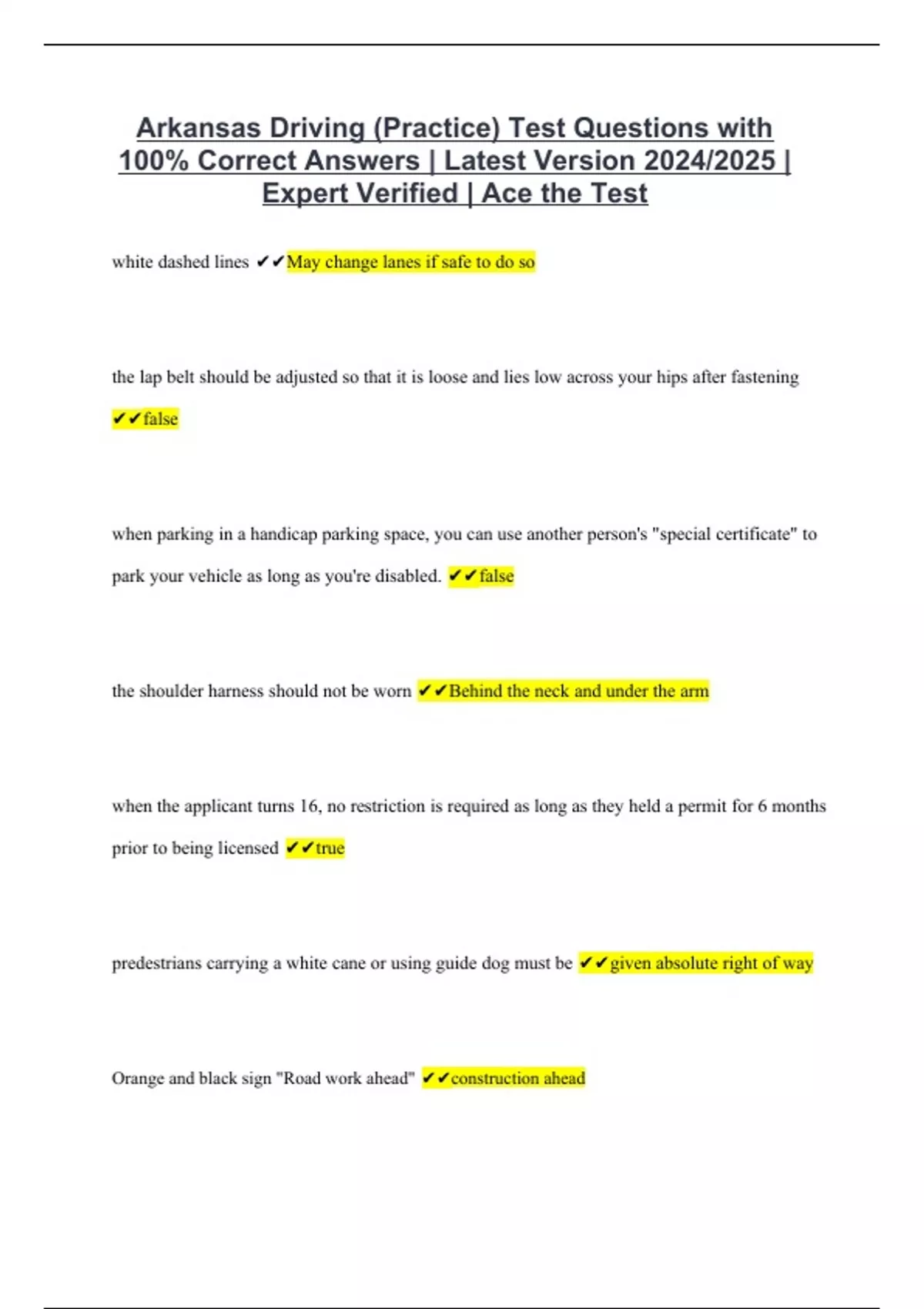 Arkansas Driving (Practice) Test Questions with 100% Correct Answers ...