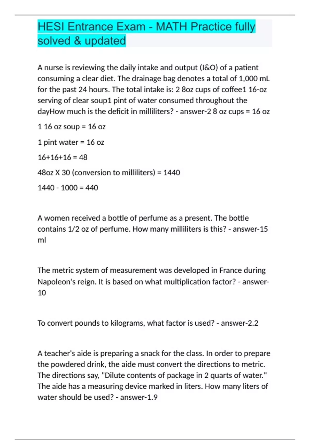 HESI Entrance Exam - MATH Practice fully solved & updated - HESI ...