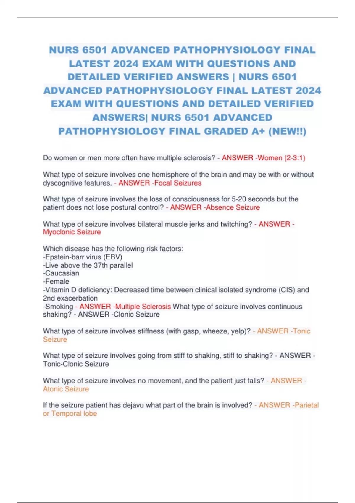 NURS 6501 ADVANCED PATHOPHYSIOLOGY FINAL LATEST 2024 EXAM WITH ...