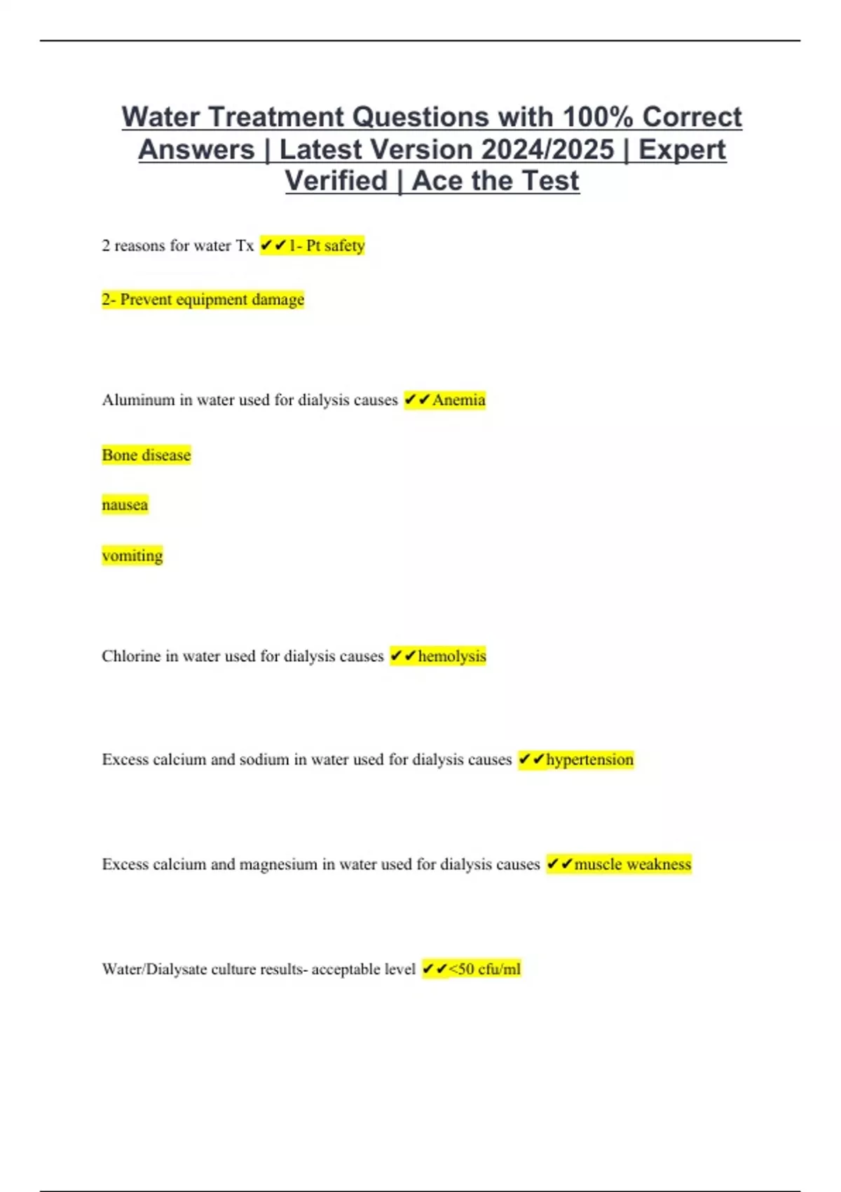 Water Treatment Questions with 100% Correct Answers | Latest Version ...