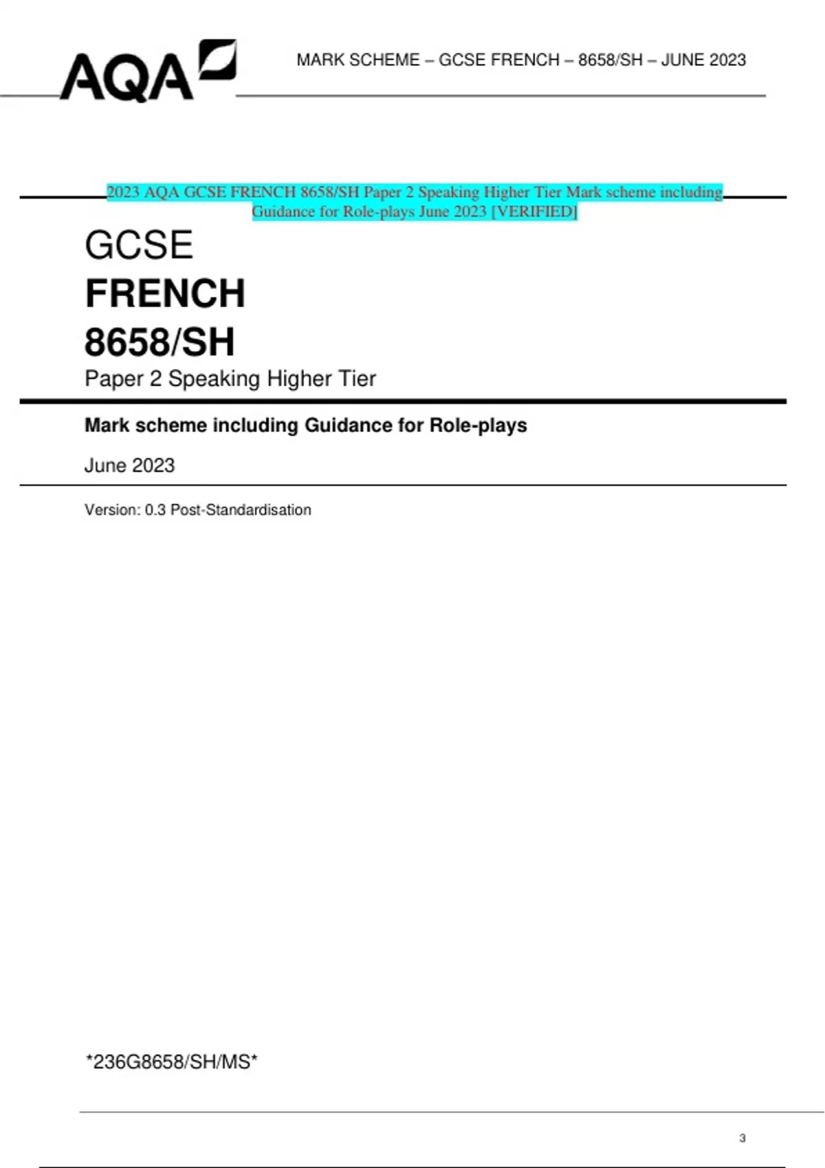 2023 AQA GCSE FRENCH 8658/SH Paper 2 Speaking Higher Tier Mark scheme ...