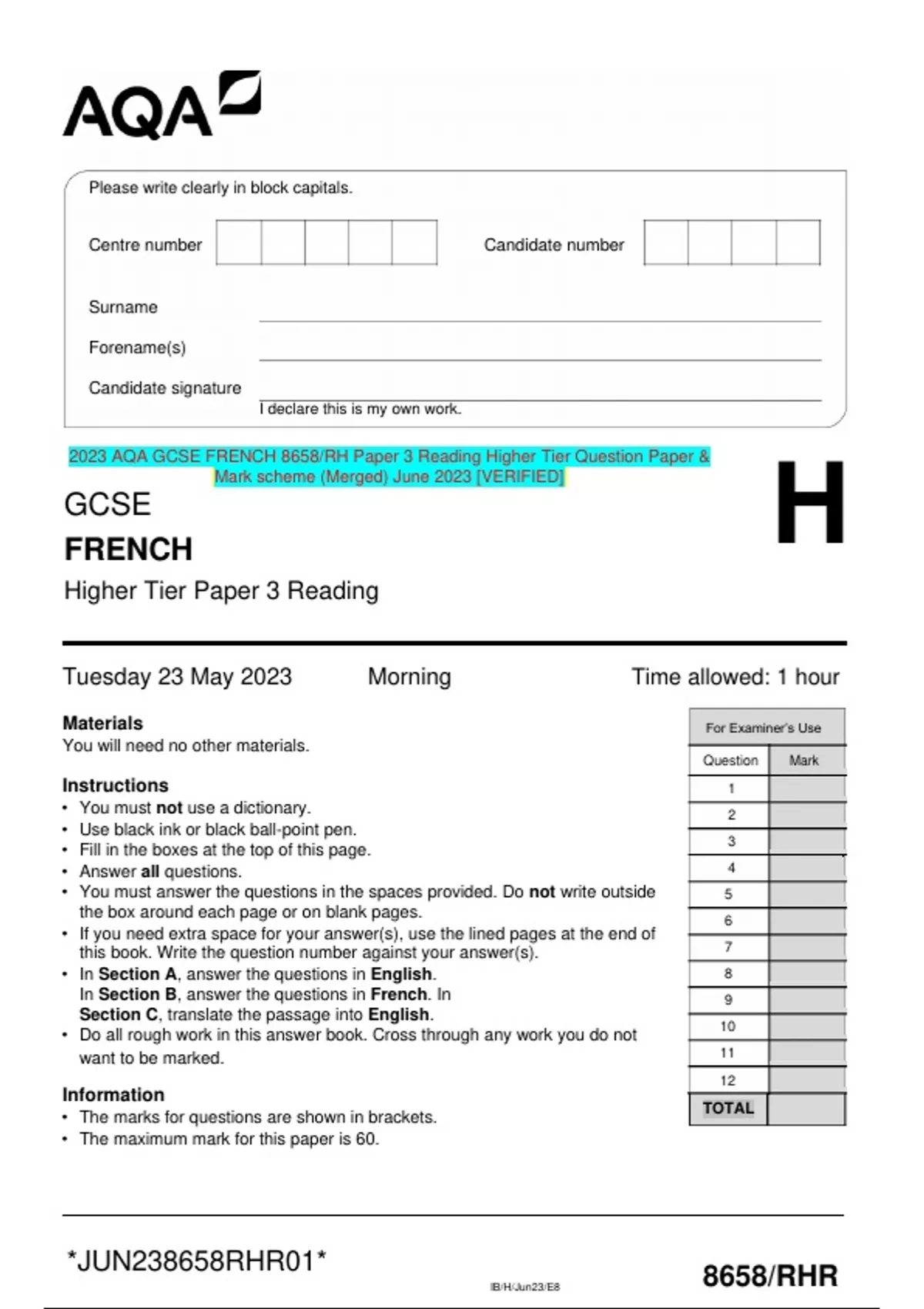 2023 AQA GCSE FRENCH 8658/RH Paper 3 Reading Higher Tier Question Paper ...