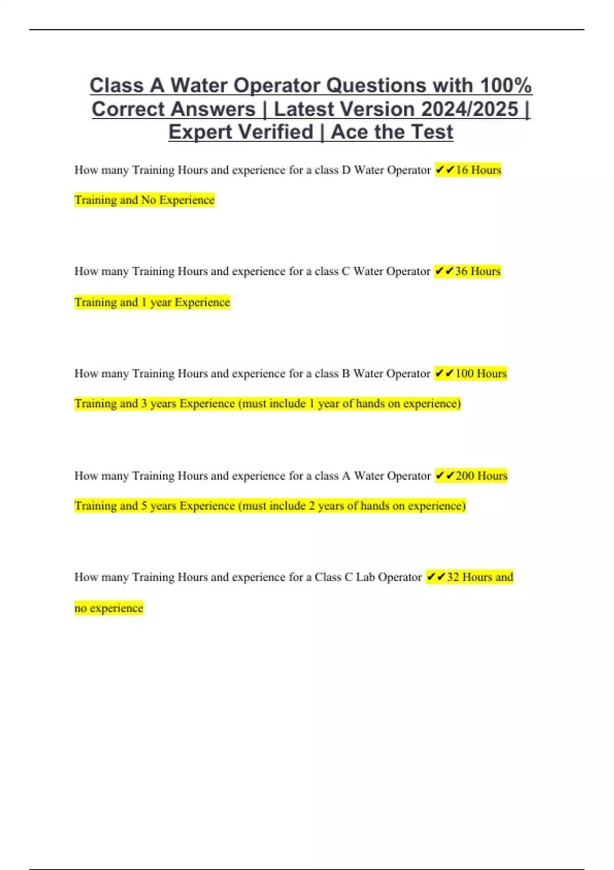 Class A Water Operator Questions with 100% Correct Answers | Latest ...