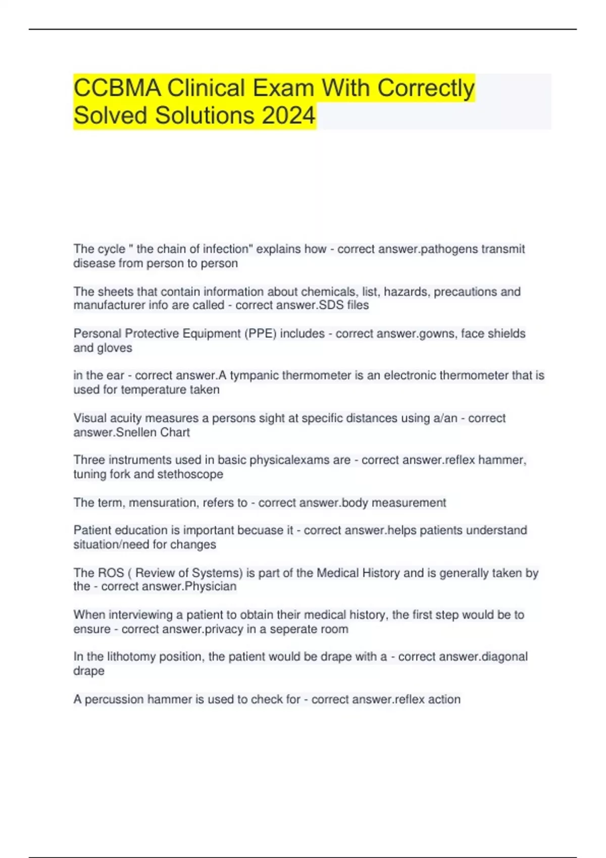 CCBMA Clinical Exam With Correctly Solved Solutions 2024 - CCBMA ...