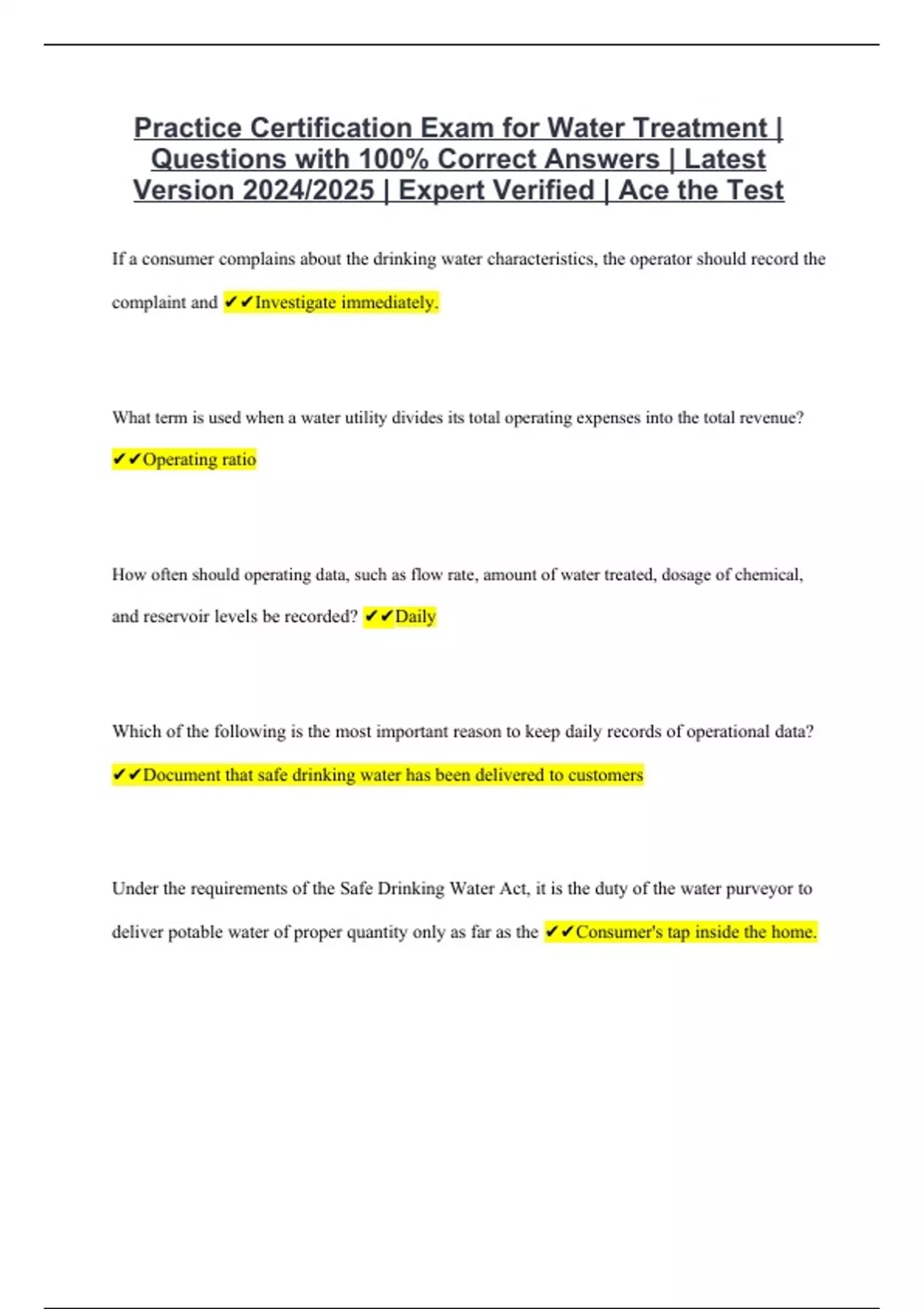 Practice Certification Exam for Water Treatment | Questions with 100% ...