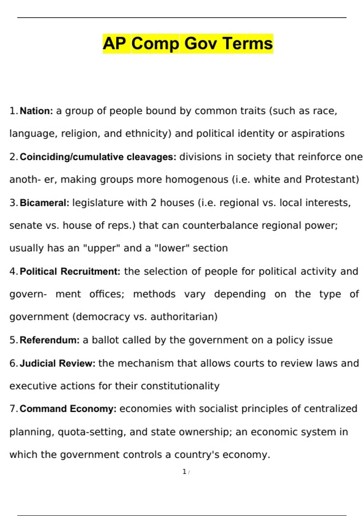 AP Comparative Government Terms (2024 / 2025) (Verified - AP ...
