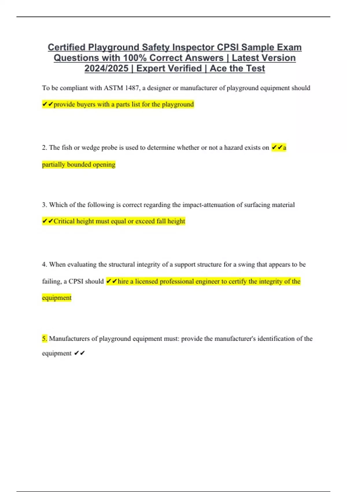 Certified Playground Safety Inspector CPSI Sample Exam Questions with ...