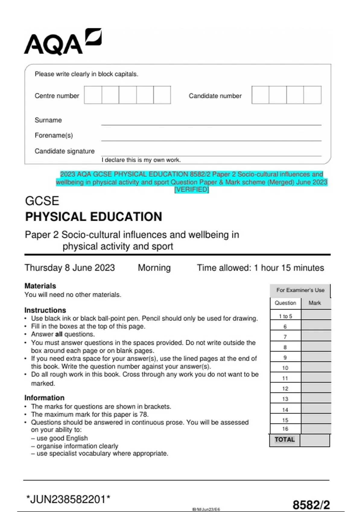 2023 AQA GCSE PHYSICAL EDUCATION 8582/2 Paper 2 Socio-cultural ...