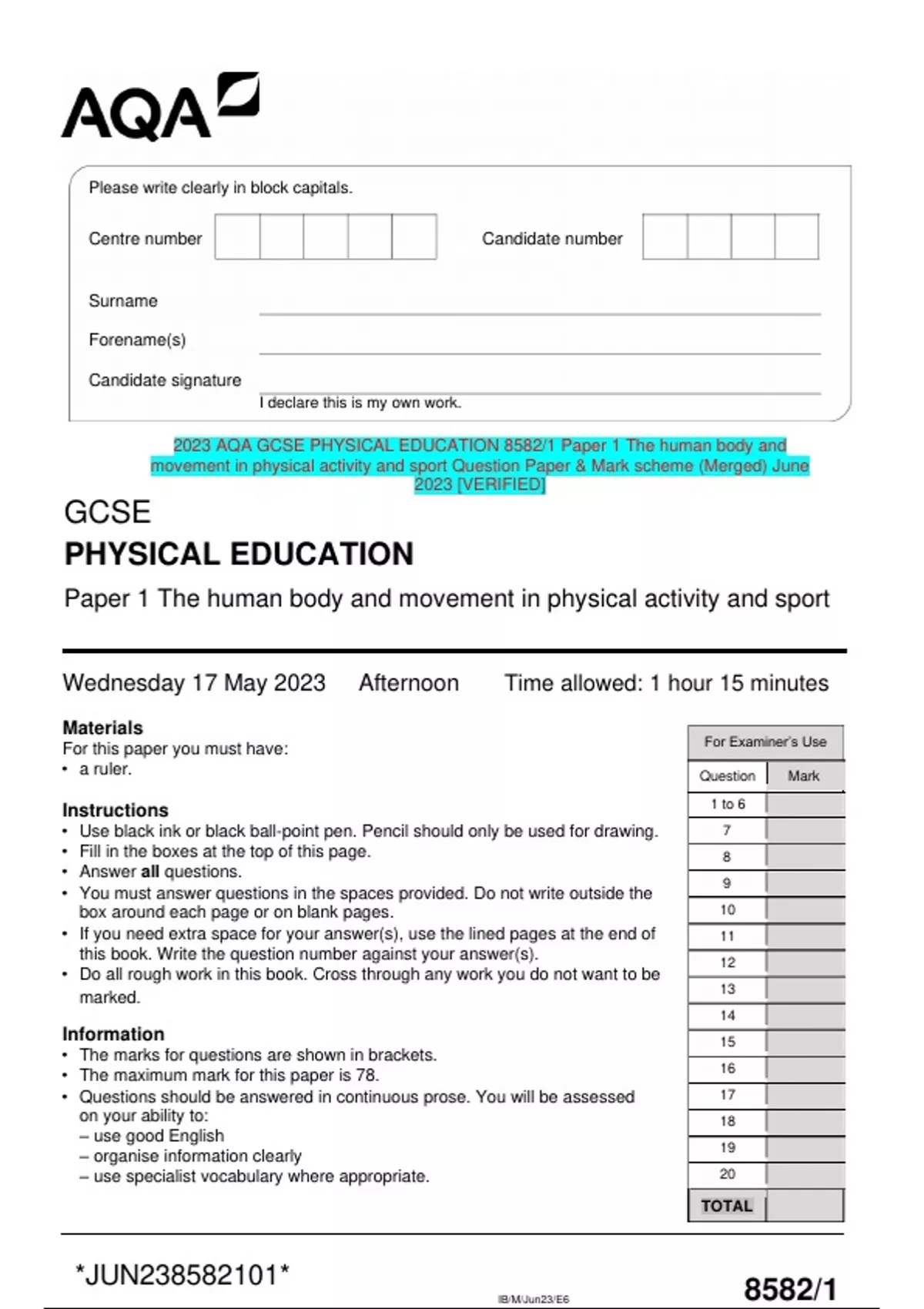 2023 AQA GCSE PHYSICAL EDUCATION 8582/1 Paper 1 The human body and ...