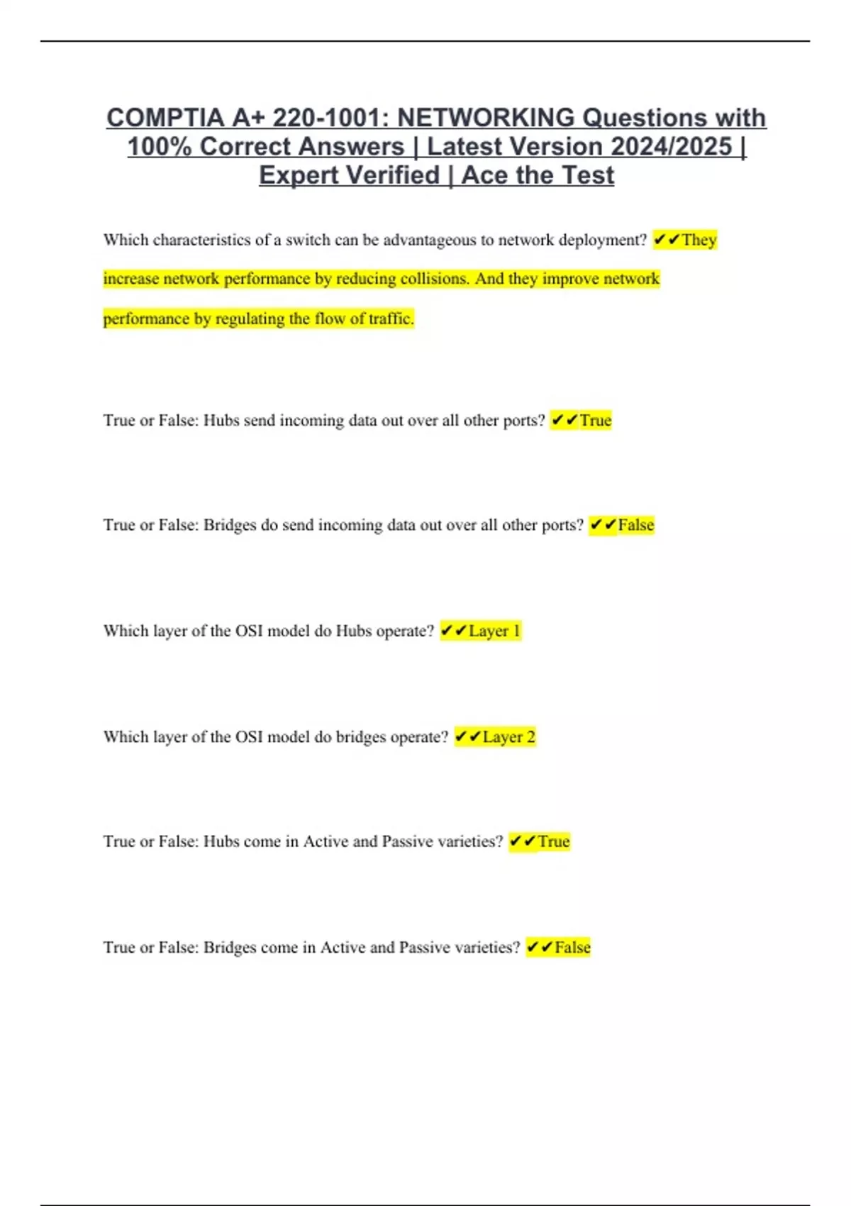COMPTIA A+ 220-1001: NETWORKING Questions with 100% Correct Answers ...