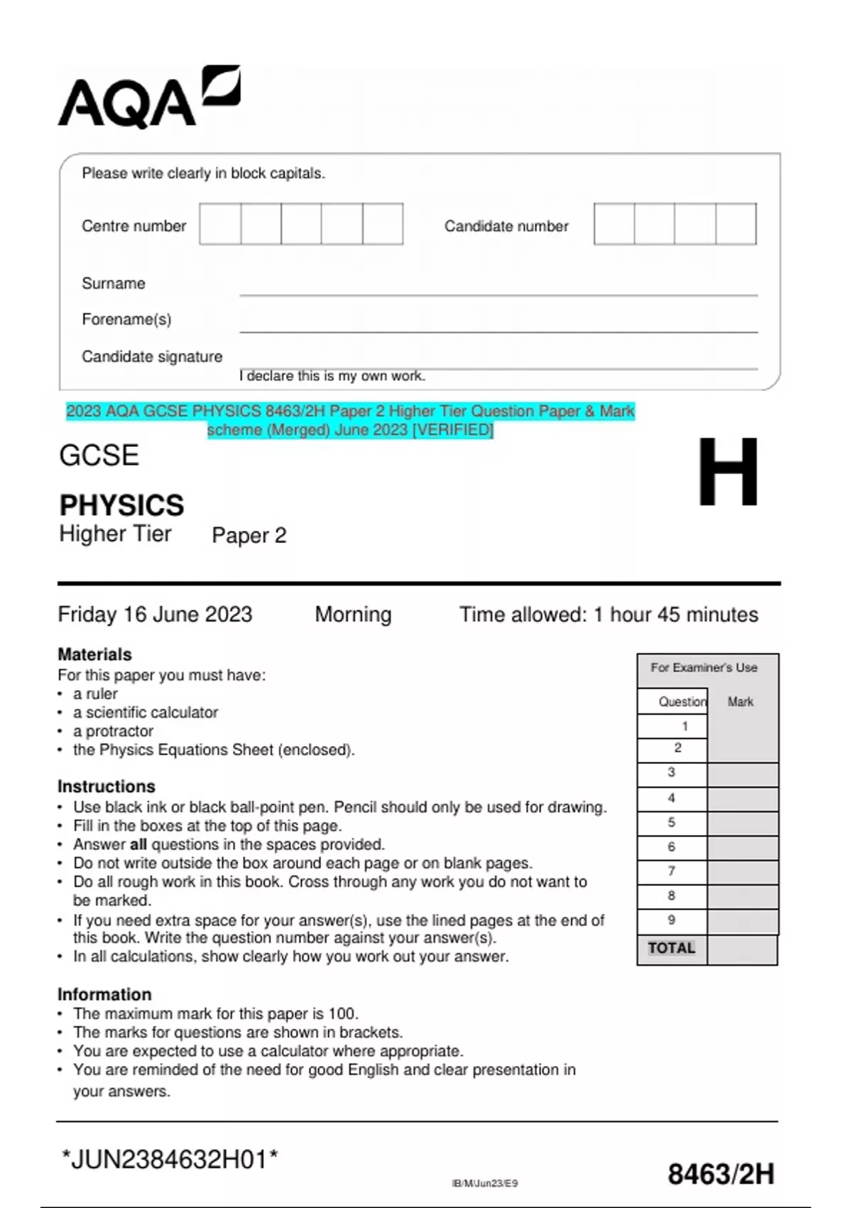 2023 AQA GCSE PHYSICS 8463/2H Paper 2 Higher Tier Question Paper & Mark ...