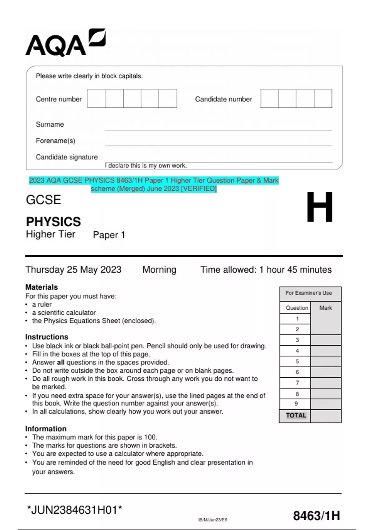2023 AQA GCSE PHYSICS 8463/1H Paper 1 Higher Tier Question Paper & Mark ...