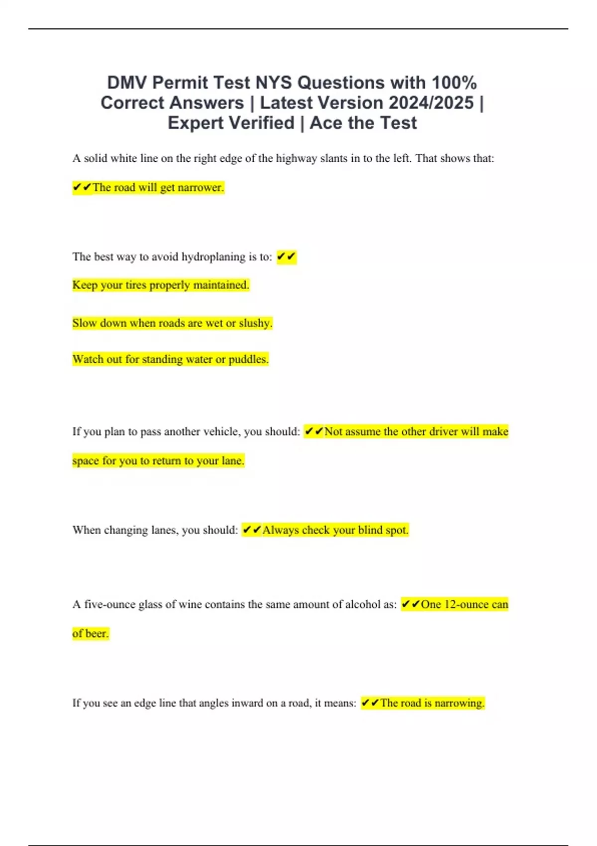 DMV Permit Test NYS Questions with 100% Correct Answers | Latest ...