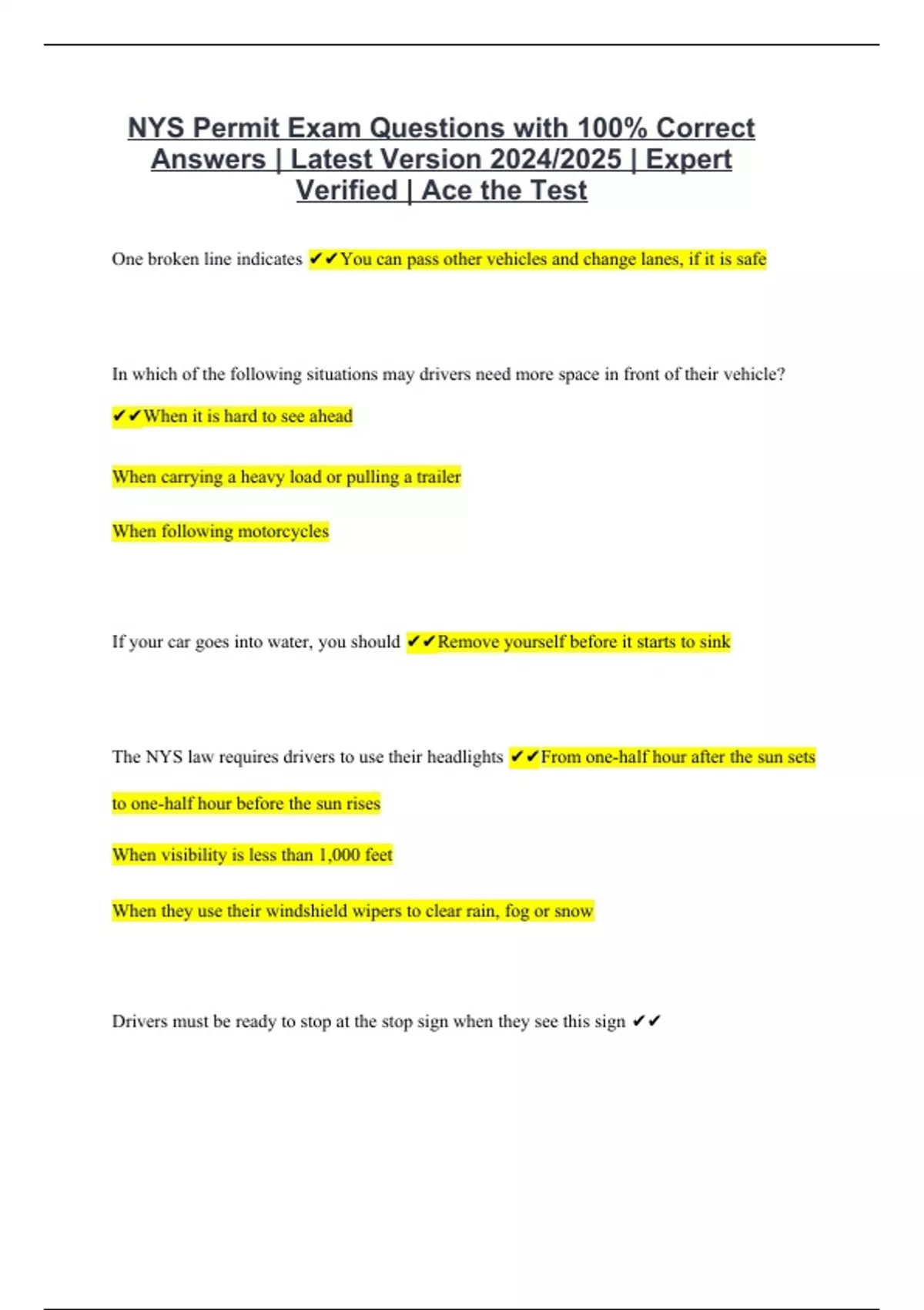 NYS Permit Exam Questions with 100% Correct Answers | Latest Version ...