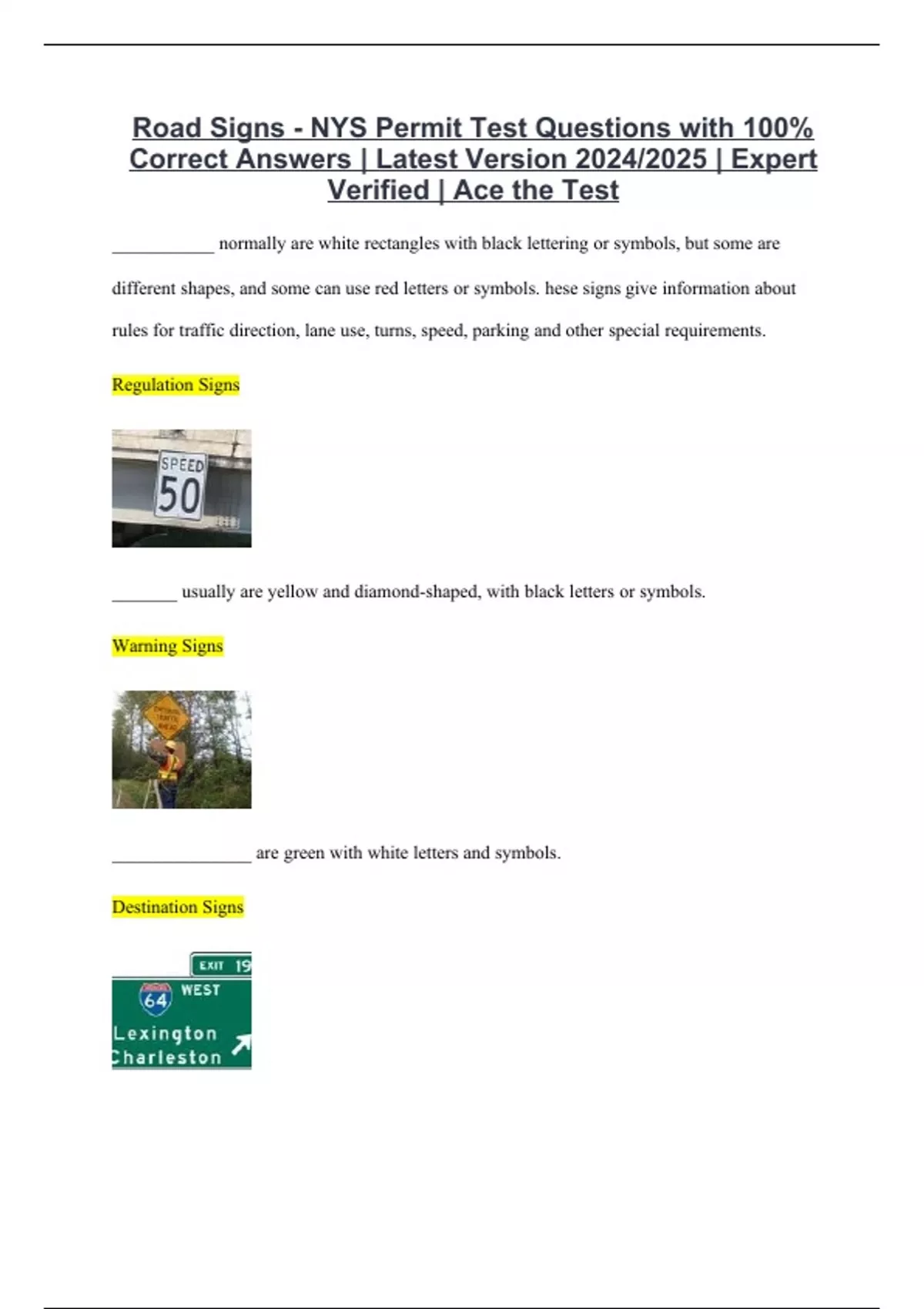 Road Signs - NYS Permit Test Questions with 100% Correct Answers ...
