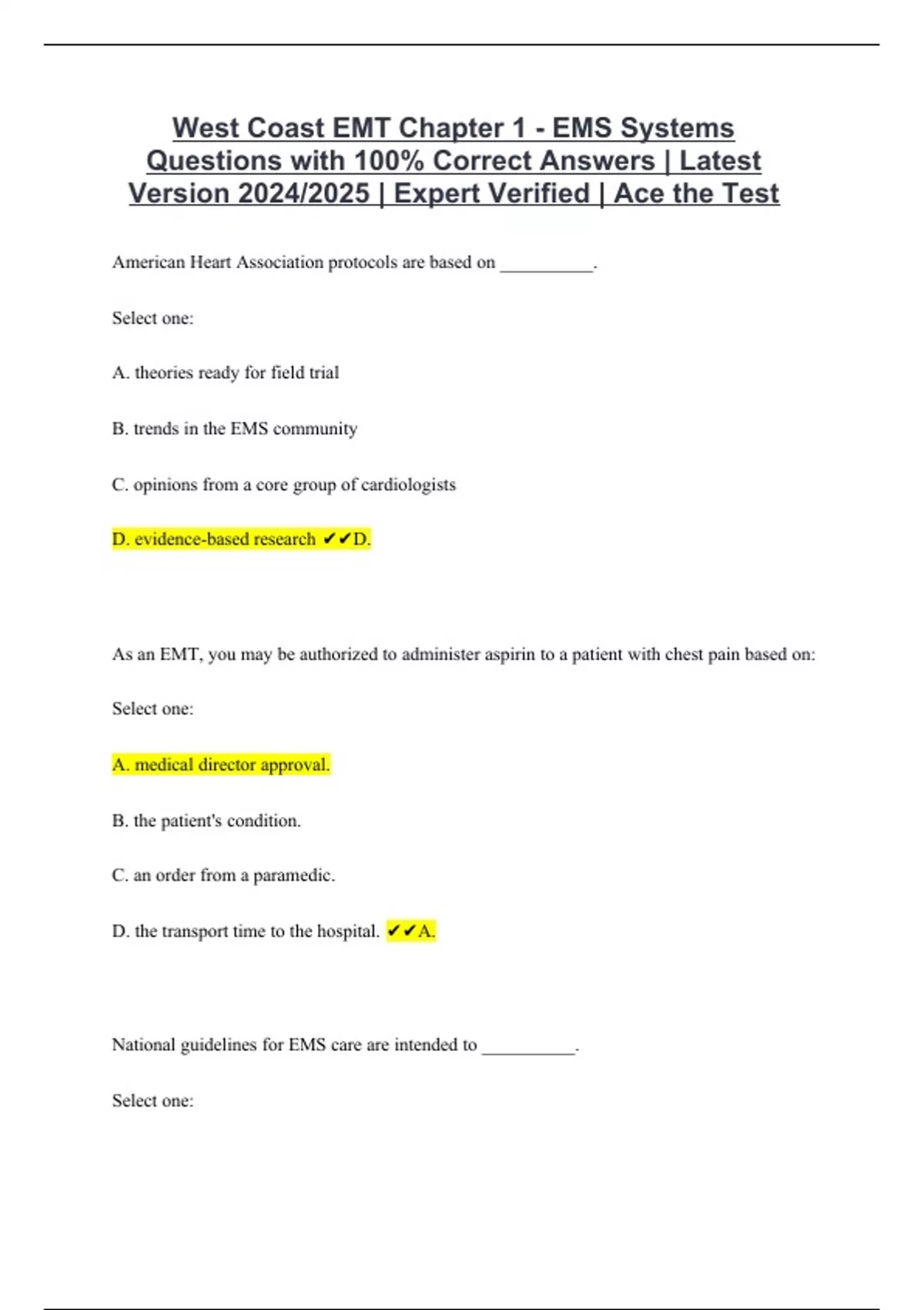 West Coast EMT Chapter 1 - EMS Systems Questions with 100% Correct ...
