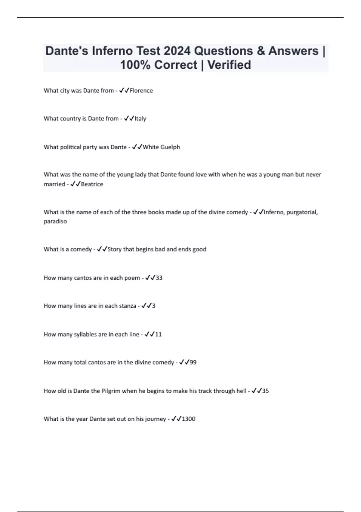 Dante's Inferno Test 2024 Questions & Answers | 100% Correct | Verified ...