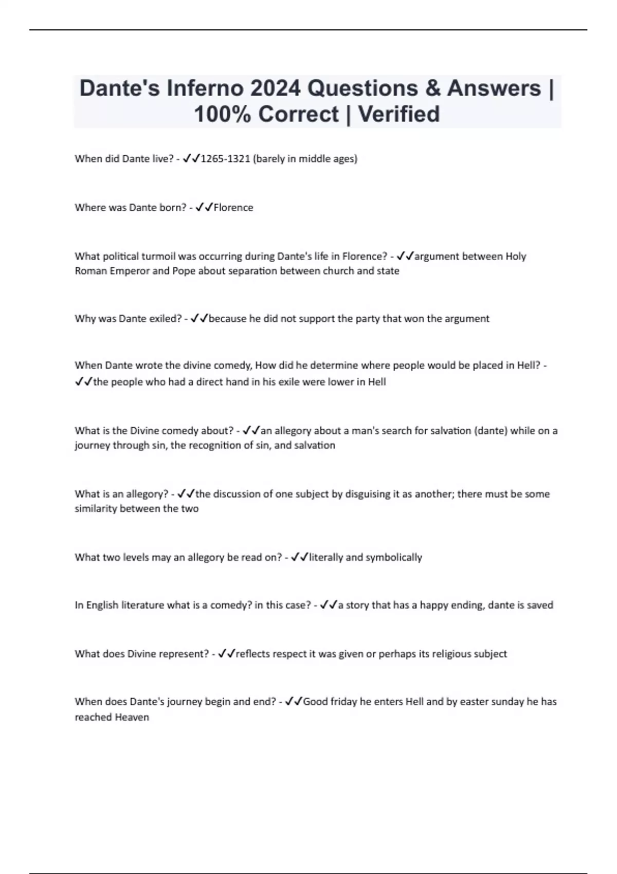 Dante's Inferno 2024 Questions & Answers | 100% Correct | Verified ...