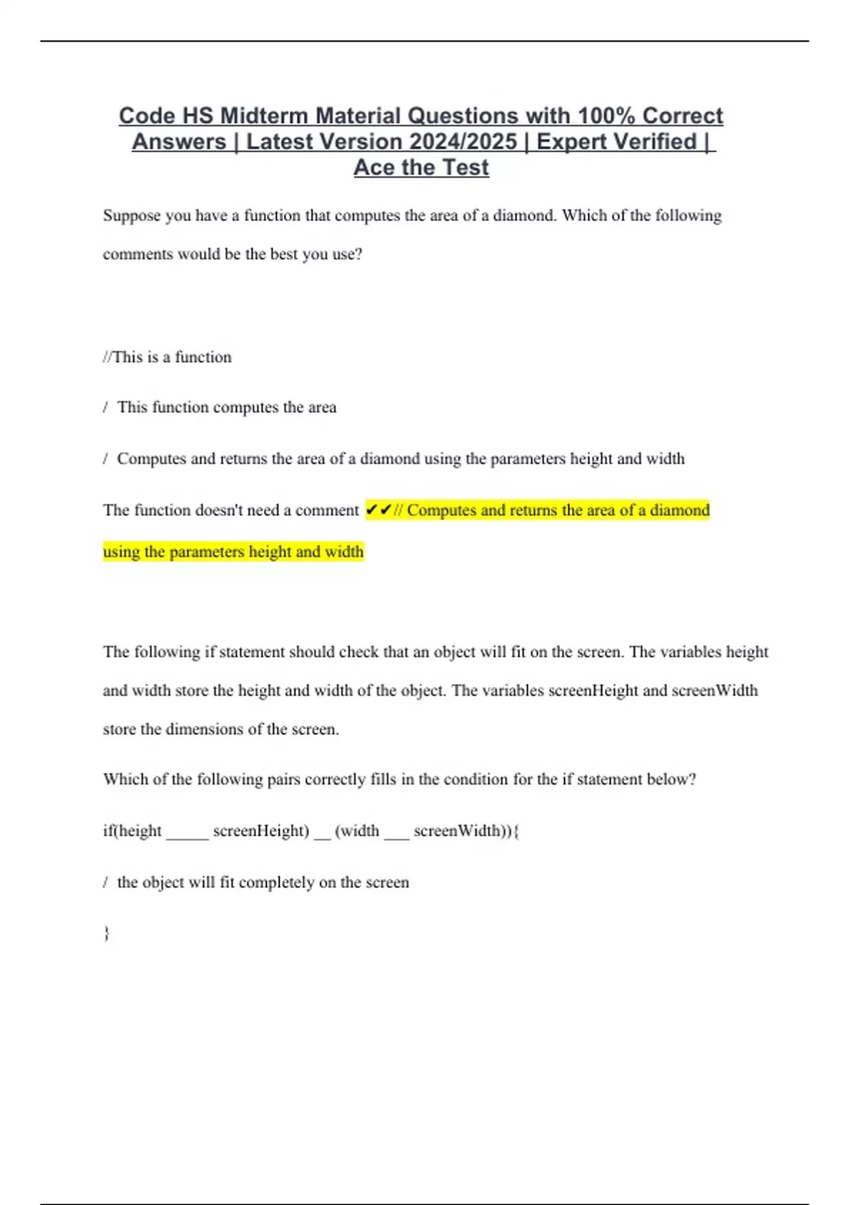 Code HS Midterm Material Questions with 100% Correct Answers | Latest ...