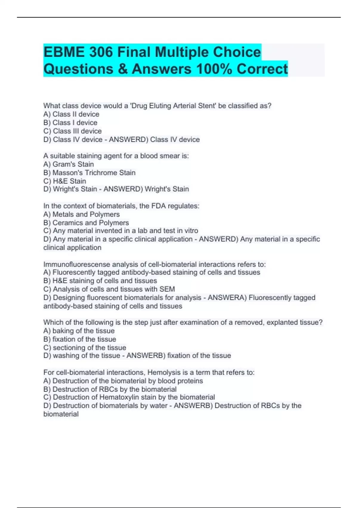 EBME 306 Final Multiple Choice Questions & Answers 100% Correct - EBME ...