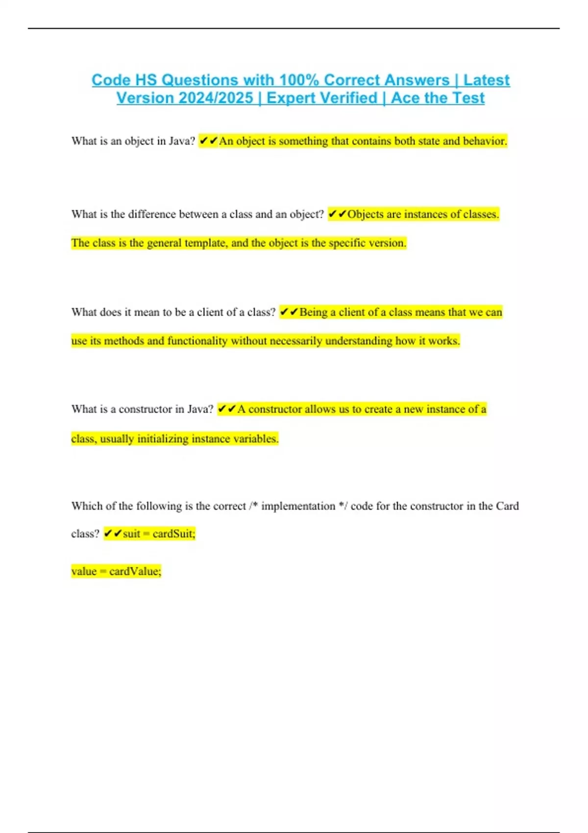 Code HS Questions with 100% Correct Answers | Latest Version 2024/2025 ...