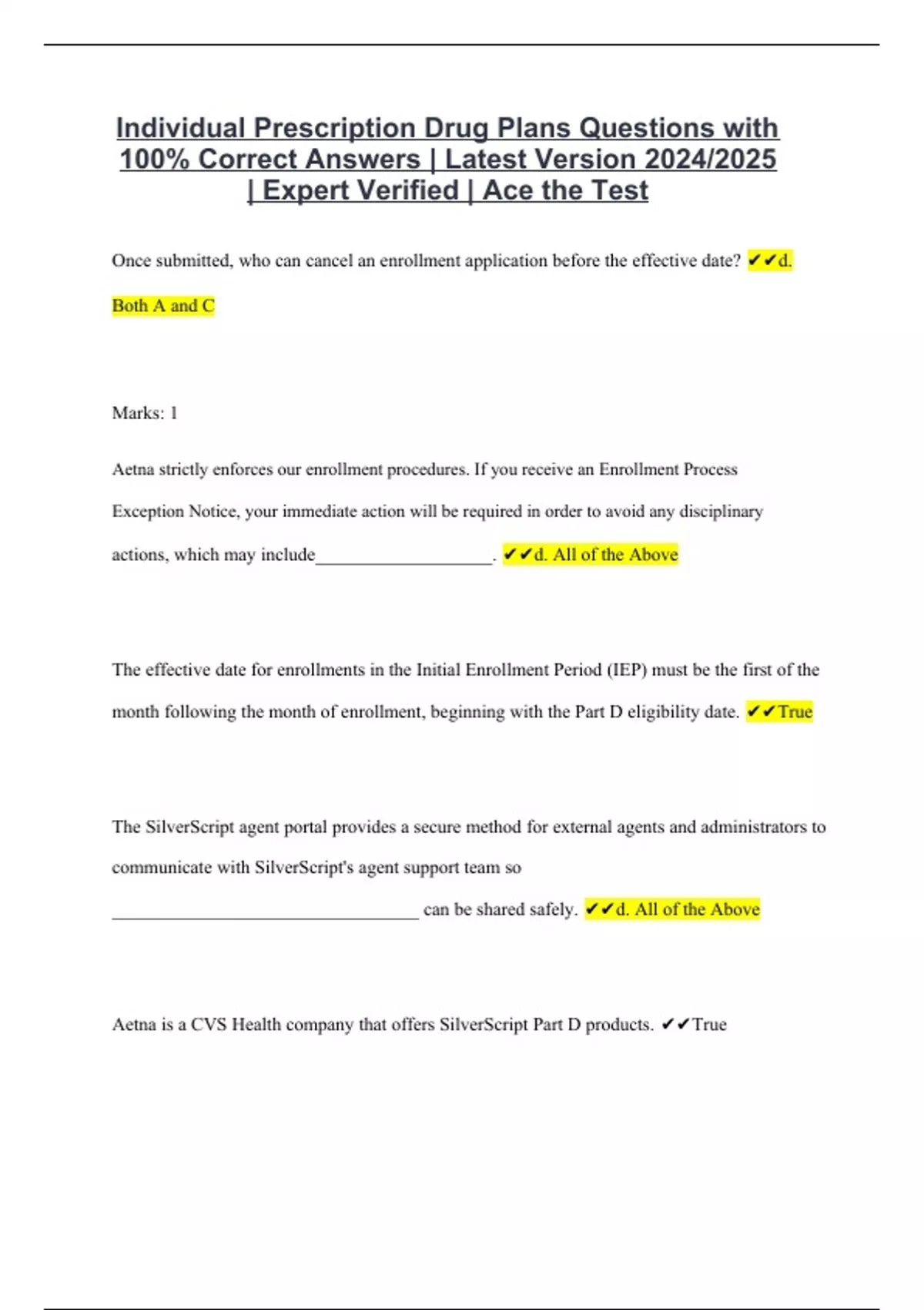 Individual Prescription Drug Plans Questions with 100% Correct Answers ...